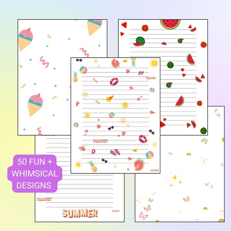 Printable SUMMER STATIONARY SET, Summer Themed Paper, Lined and Unlined ...