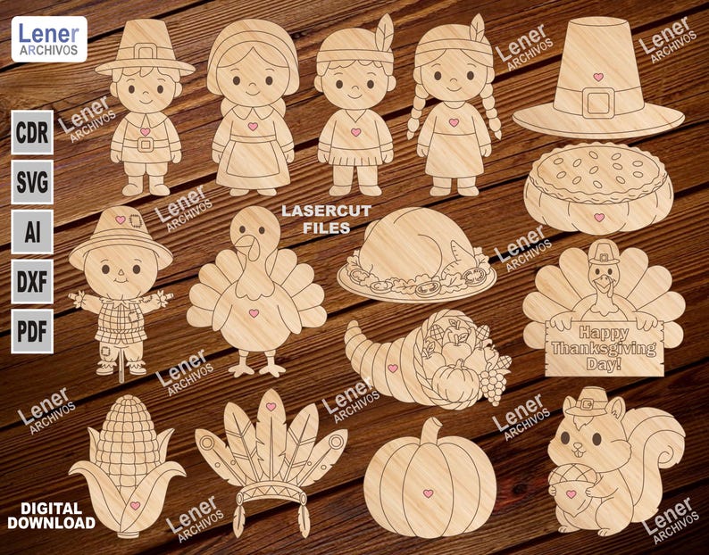 Thanksgiving Laser Cut Files SVG DXF | MDF Turkey Pumpkin Pilgrim Kids ...