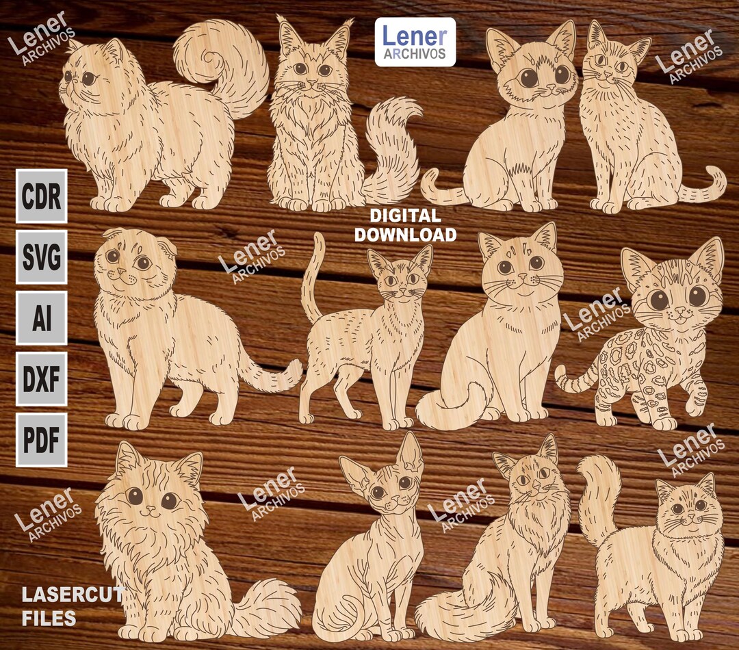 Laser Cut Cats Digital Files - 12 MDF Designs SVG-DXF for Glowforge ...