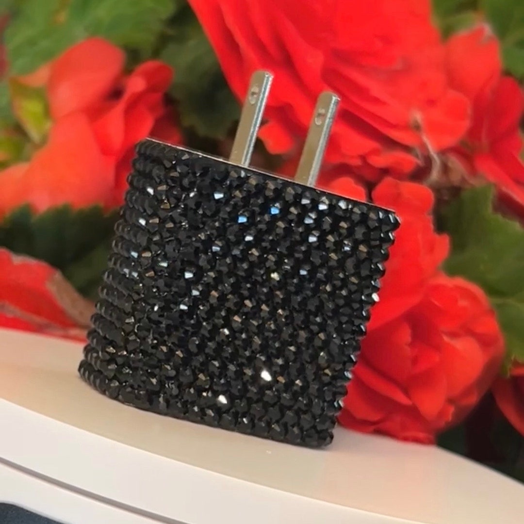 Blinged iPhone Lightning Charger Block. Black Glass Rhinestones. C Port ...