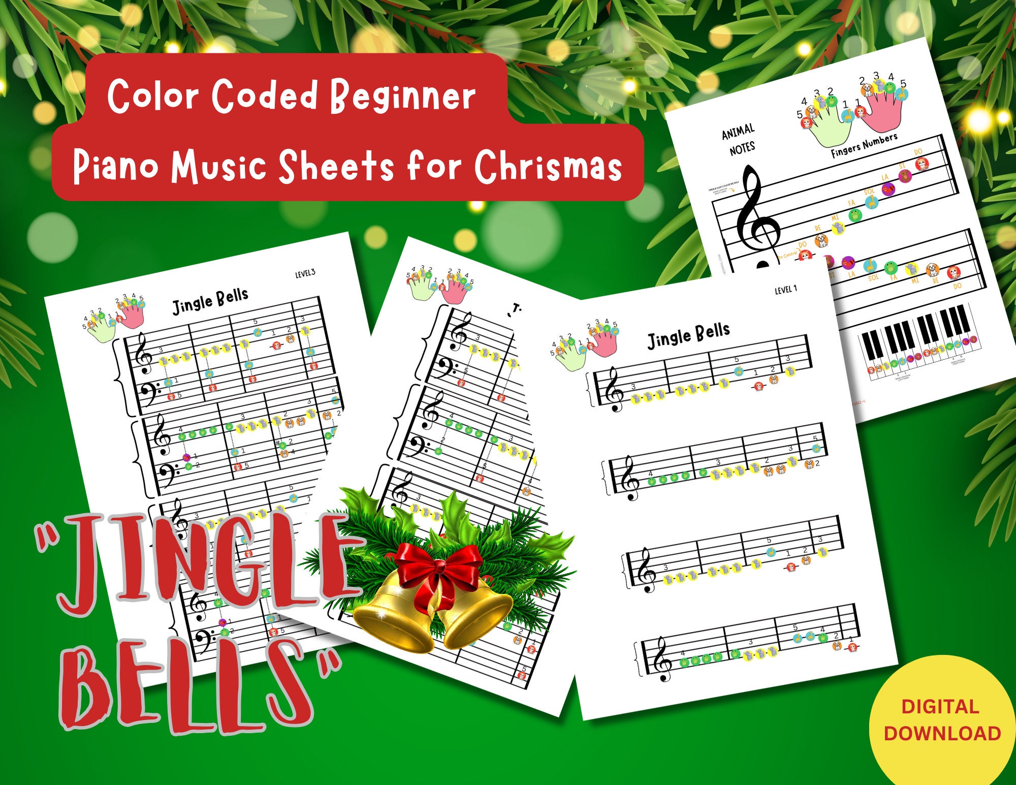 Jingle Bells Color-coded and Animal-illustrated Christmas Piano Sheets ...