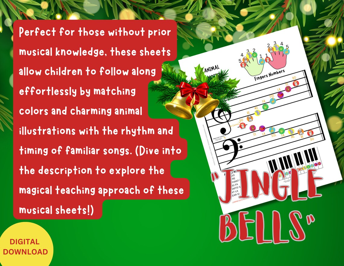 Jingle Bells Color-coded and Animal-illustrated Christmas Piano Sheets ...