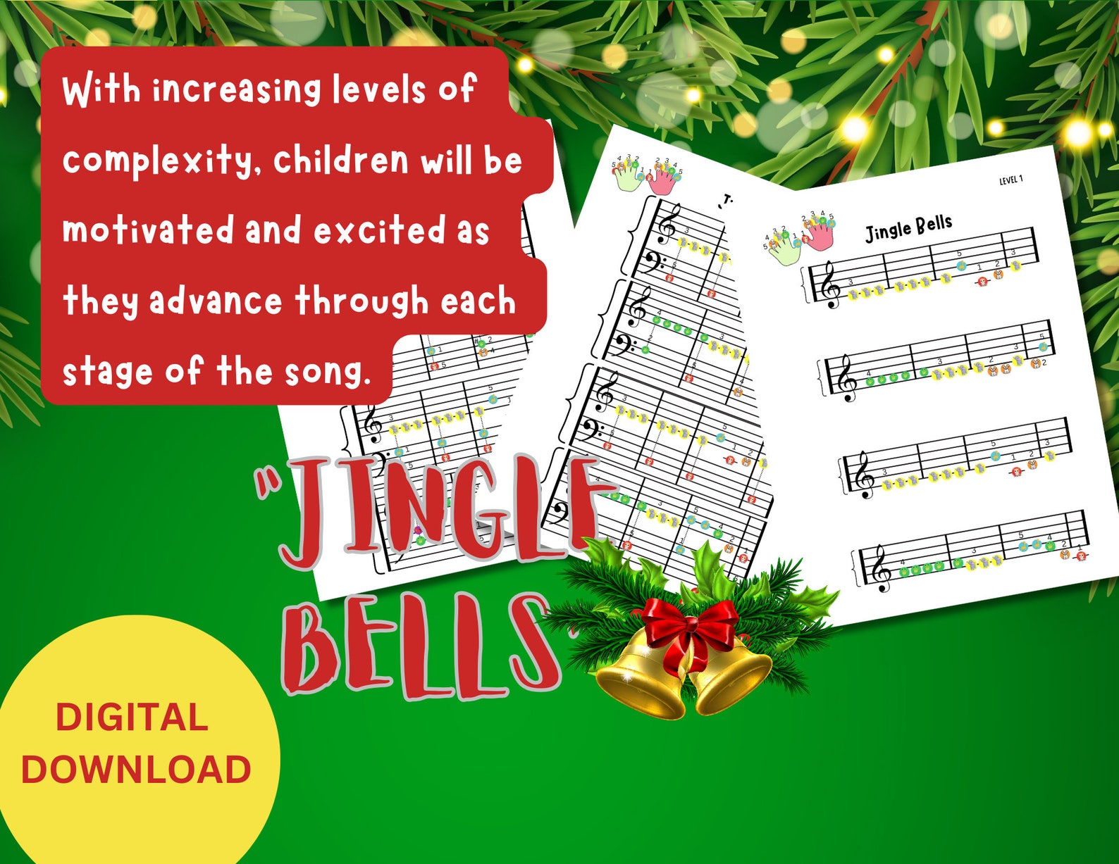 Jingle Bells Color-coded and Animal-illustrated Christmas Piano Sheets ...