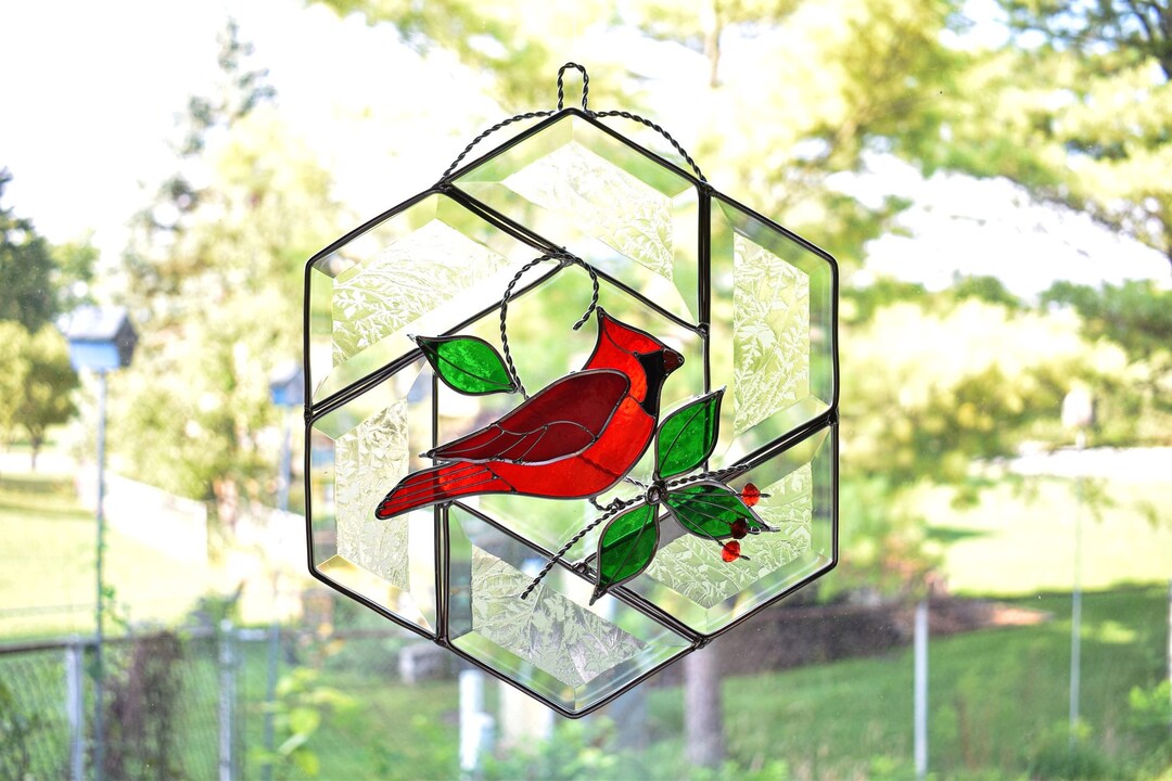 Stained Glass Cardinal in a Beveled Hexagon Glass Frame - Etsy