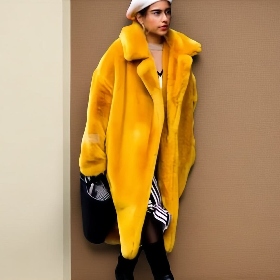 Yellow Long Fur Coat, Oversized Fashion Faux Fur Coat With a Belt ...