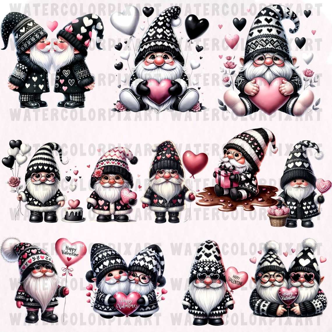 36 PNG Black Gnome Valentine Clipart, Watercolor Gnome Valentine's ...