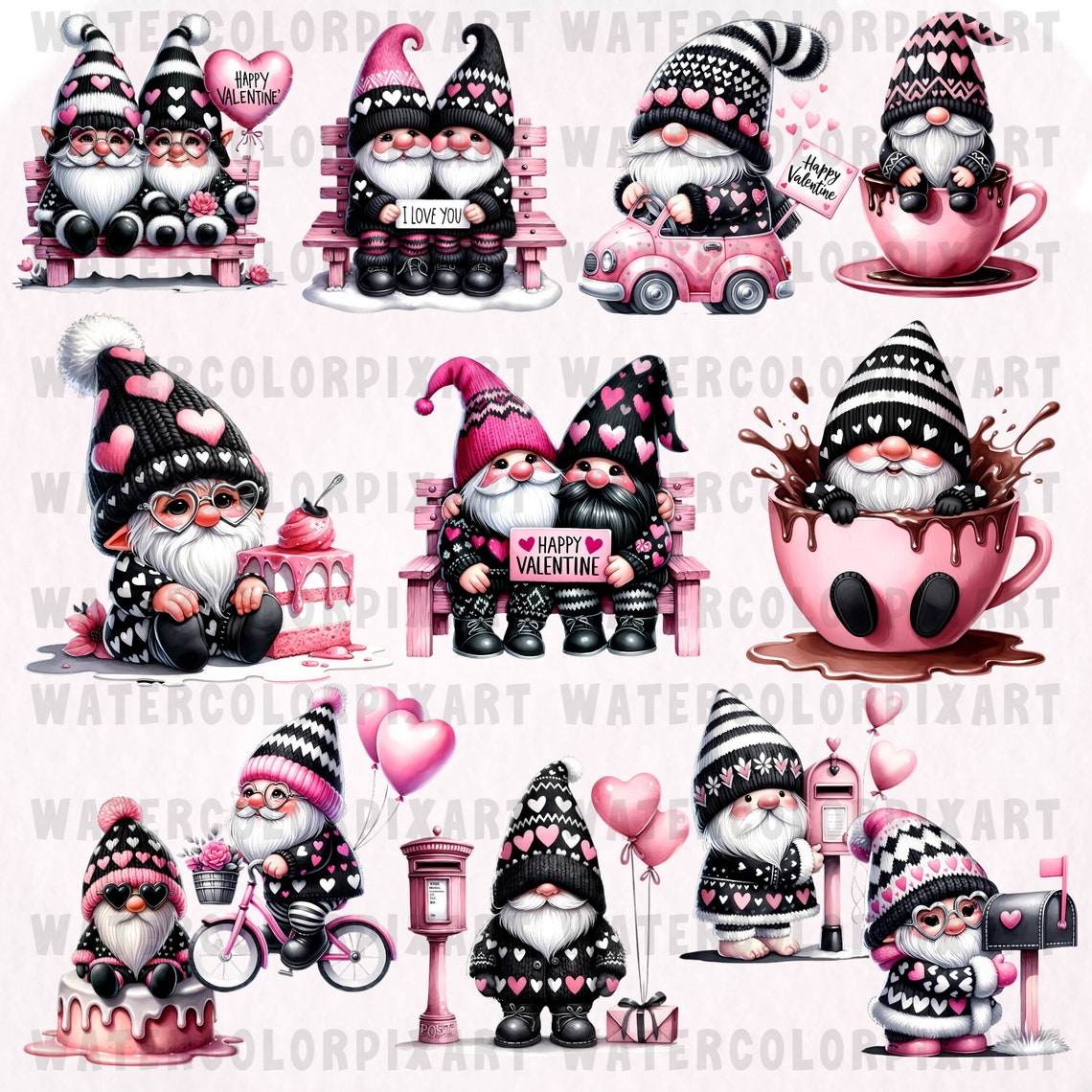 36 PNG Black Gnome Valentine Clipart, Watercolor Gnome Valentine's ...