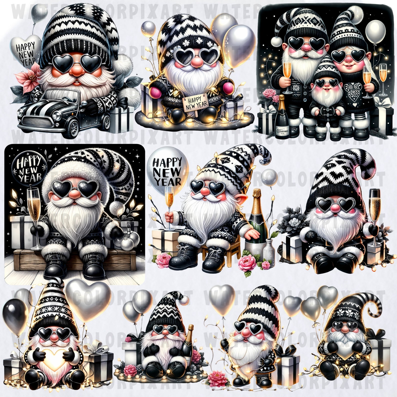 31 PNG Black New Year Gnome Watercolor Clipart, Gnome Happy New Year ...