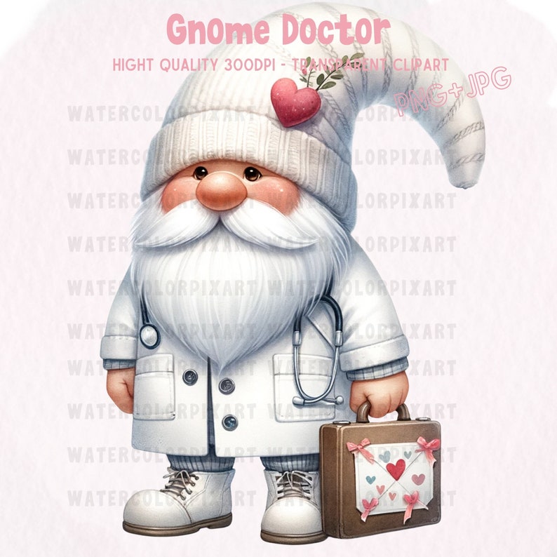 A PNG Gnome Doctor Watercolor Clipart, Gnomes Clipart, Caring Gnome ...