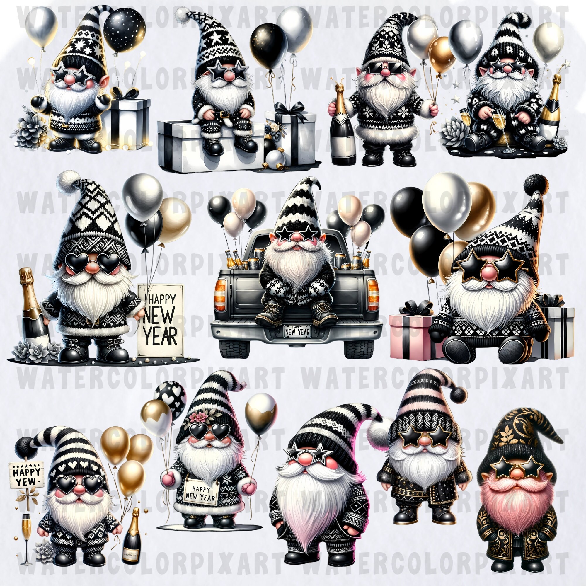 31 PNG Black New Year Gnome Watercolor Clipart, Gnome Happy New Year ...