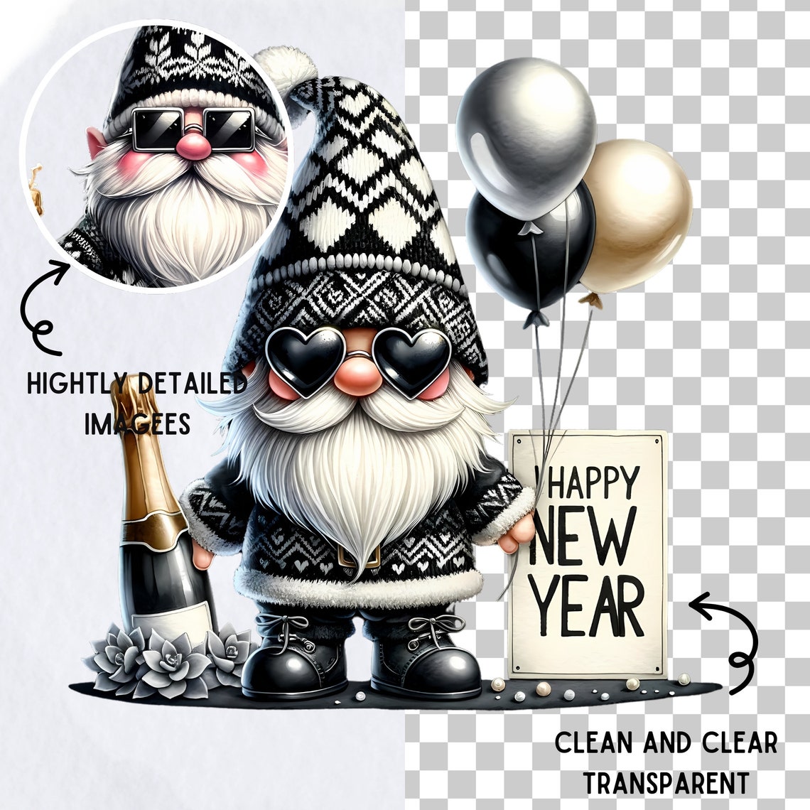 31 PNG Black New Year Gnome Watercolor Clipart, Gnome Happy New Year ...