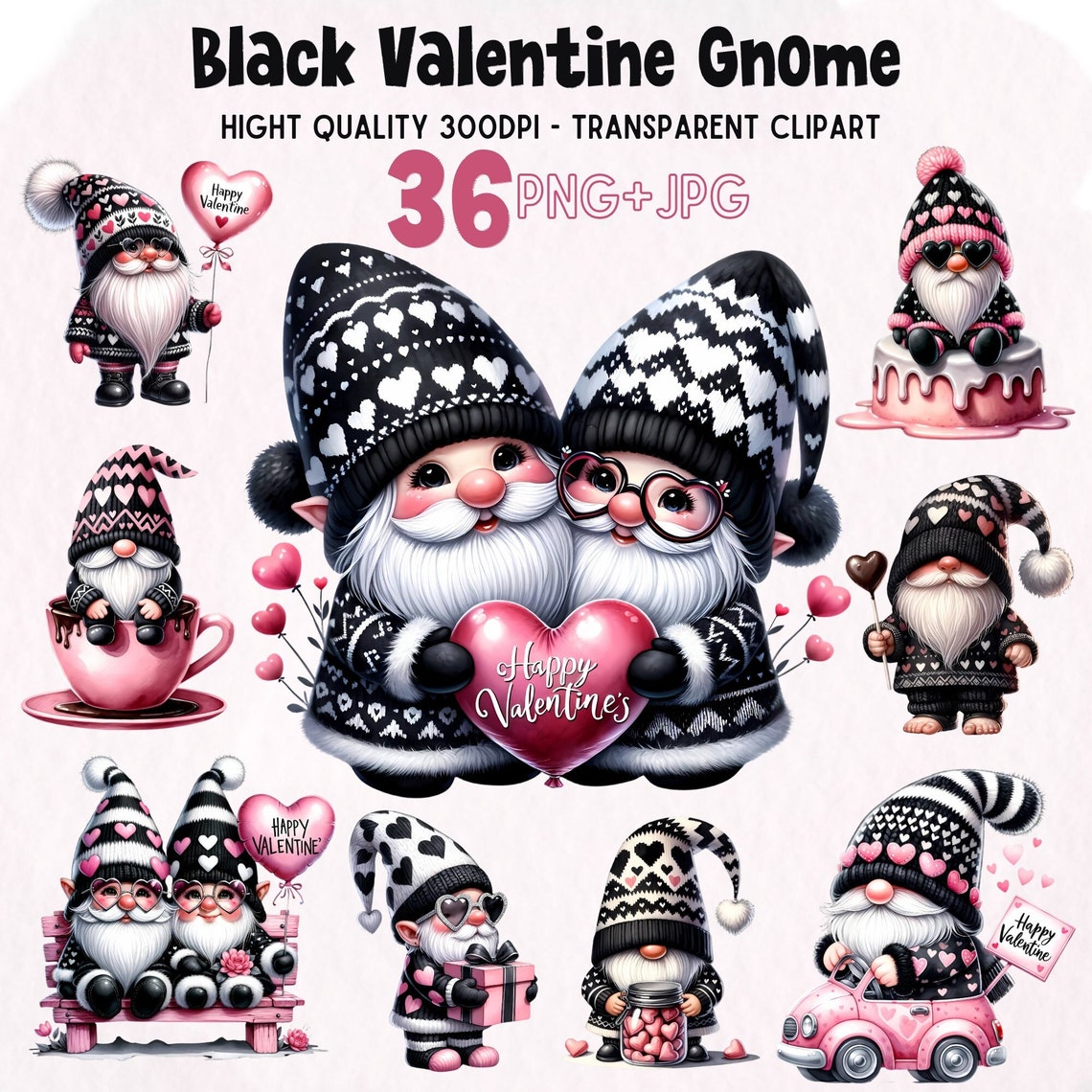 36 PNG Black Gnome Valentine Clipart, Watercolor Gnome Valentine's ...