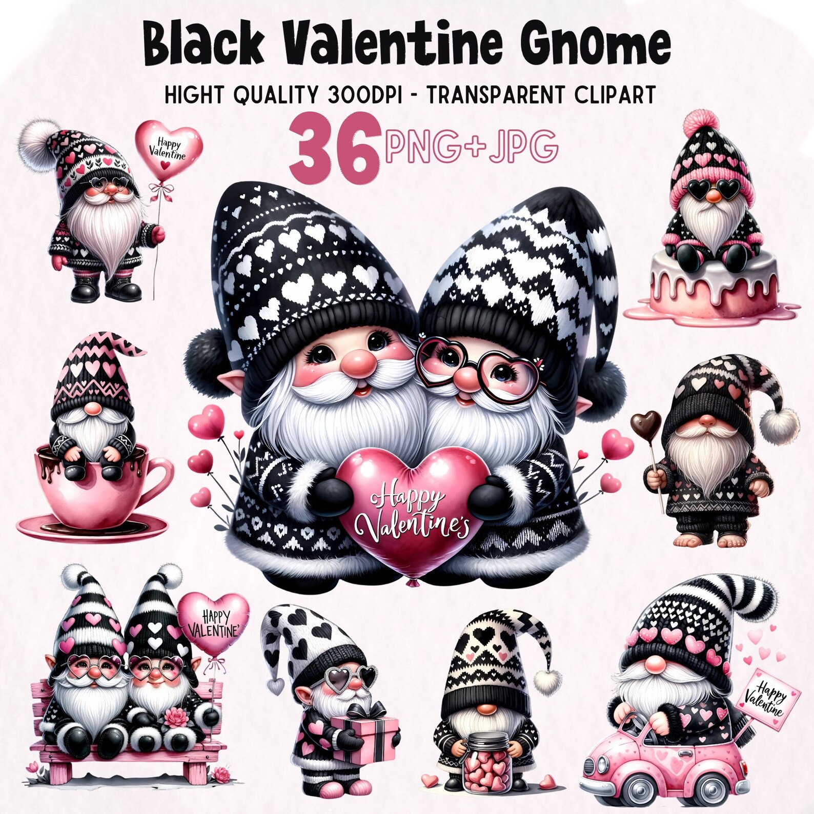 36 PNG Black Gnome Valentine Clipart, Watercolor Gnome Valentine's ...