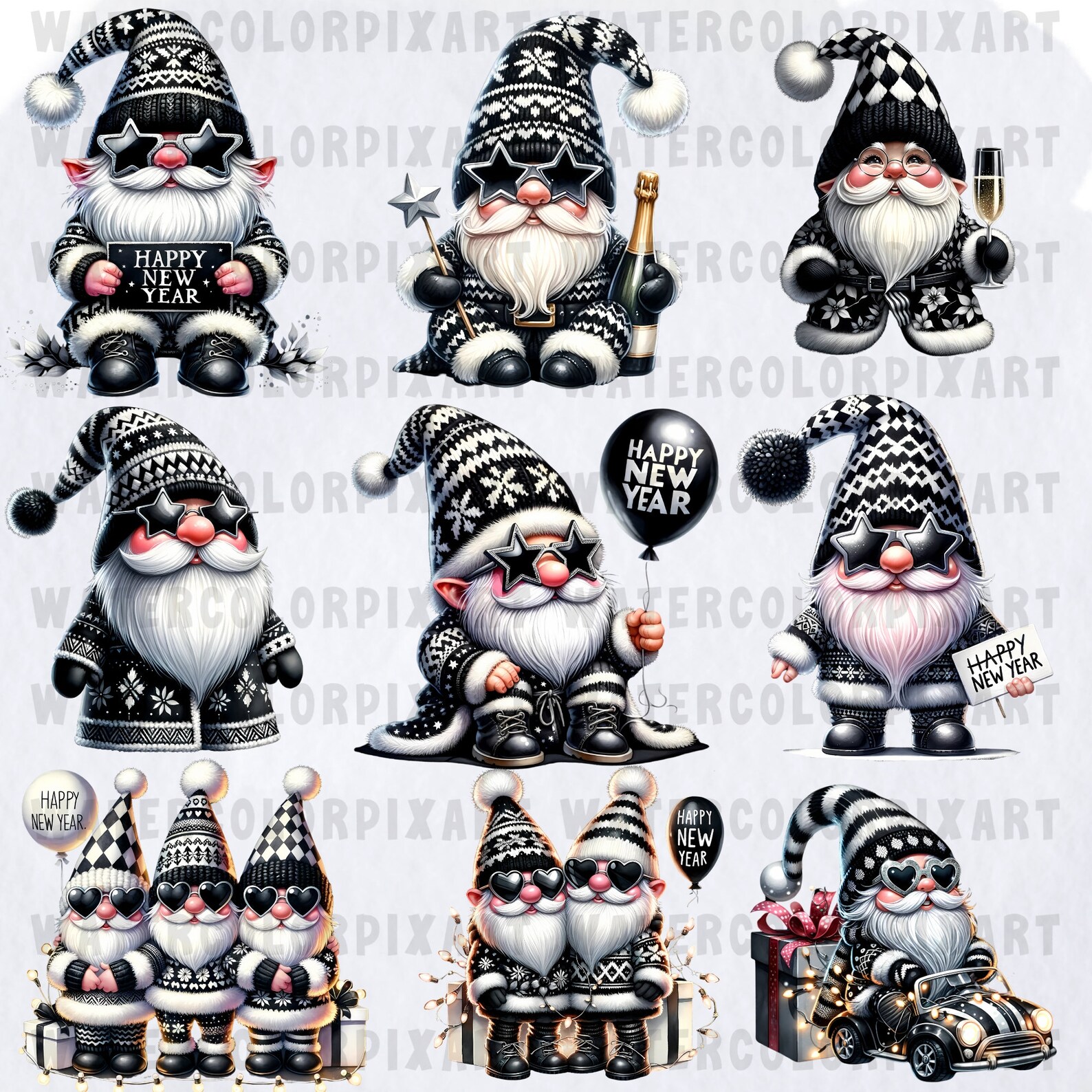 31 PNG Black New Year Gnome Watercolor Clipart, Gnome Happy New Year ...