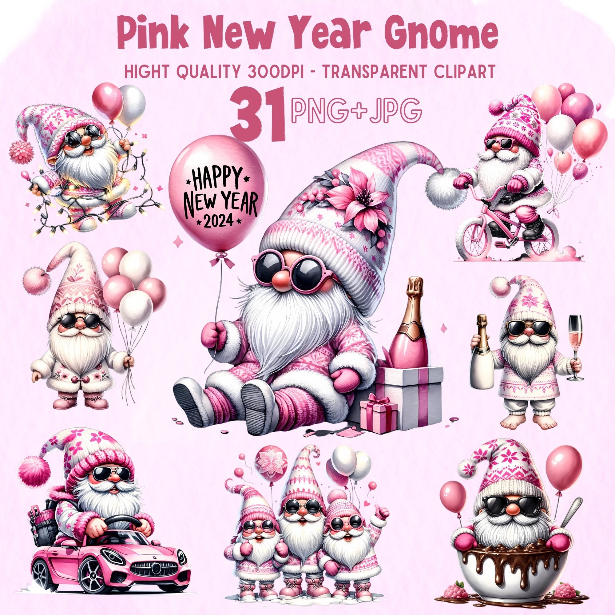 31 PNG Pink New Year Gnome Watercolor Clipart, Gnome Happy New Year ...