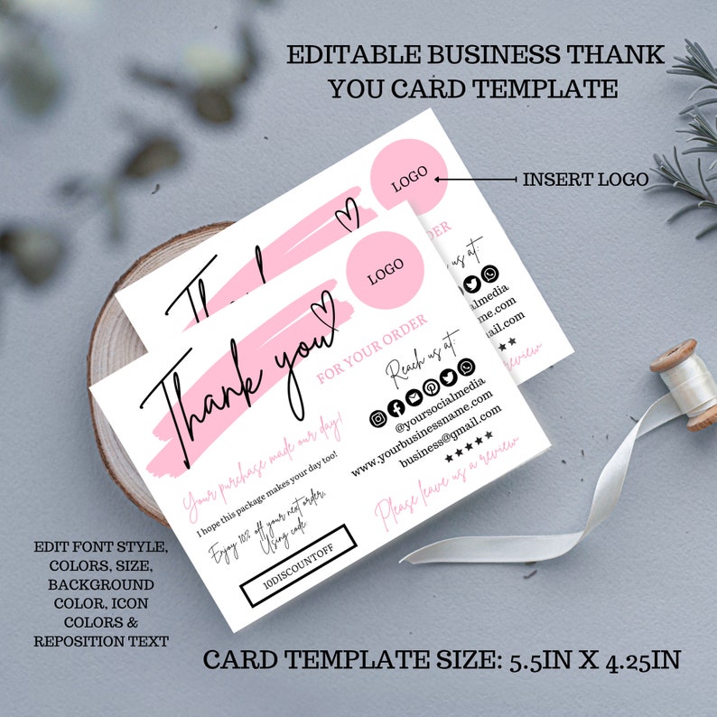 Editable in CANVA Business Thank You Insert Card Template Modern Pink ...