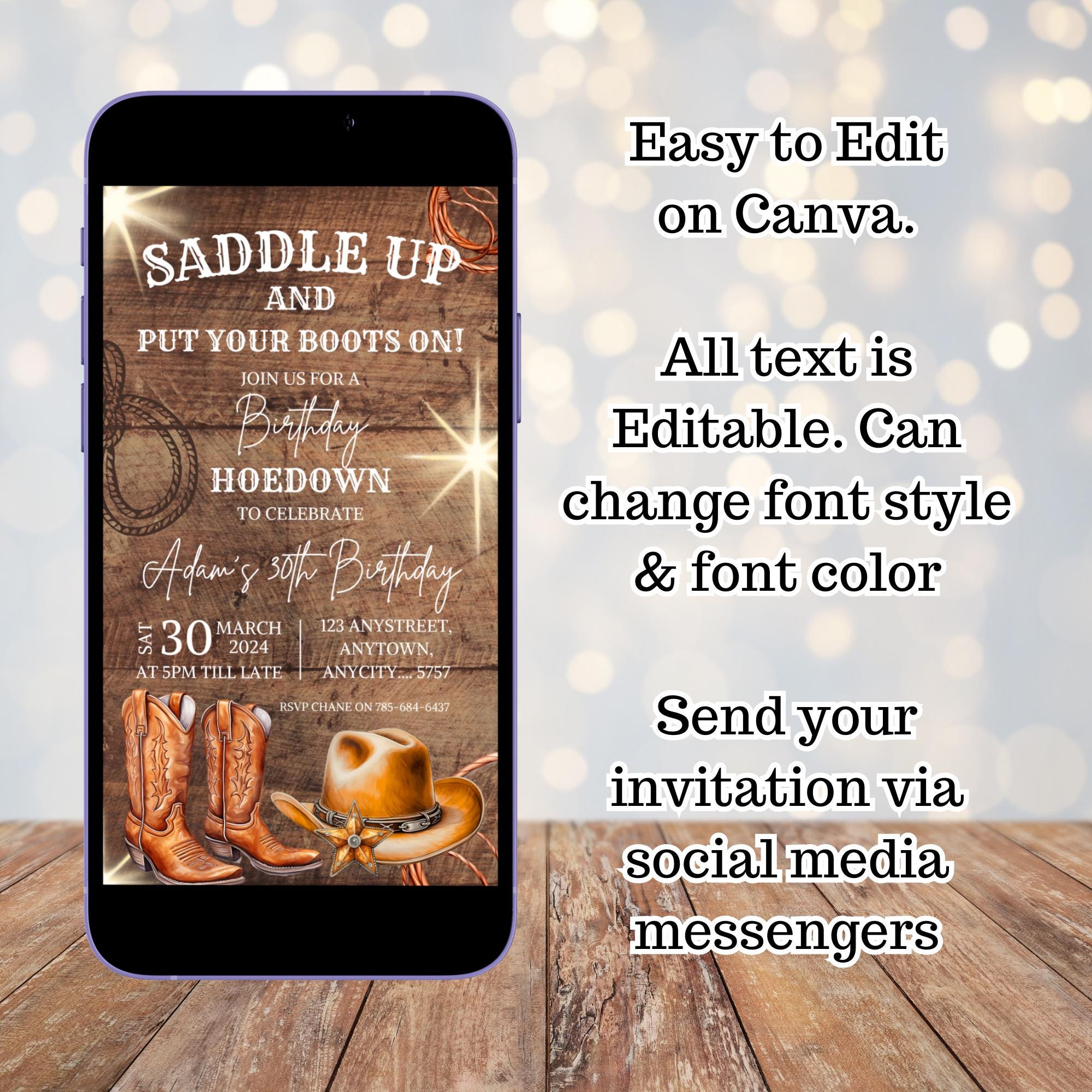 Editable Country Western Invitation Cowgirl Birthday Invite Rustic Wood ...