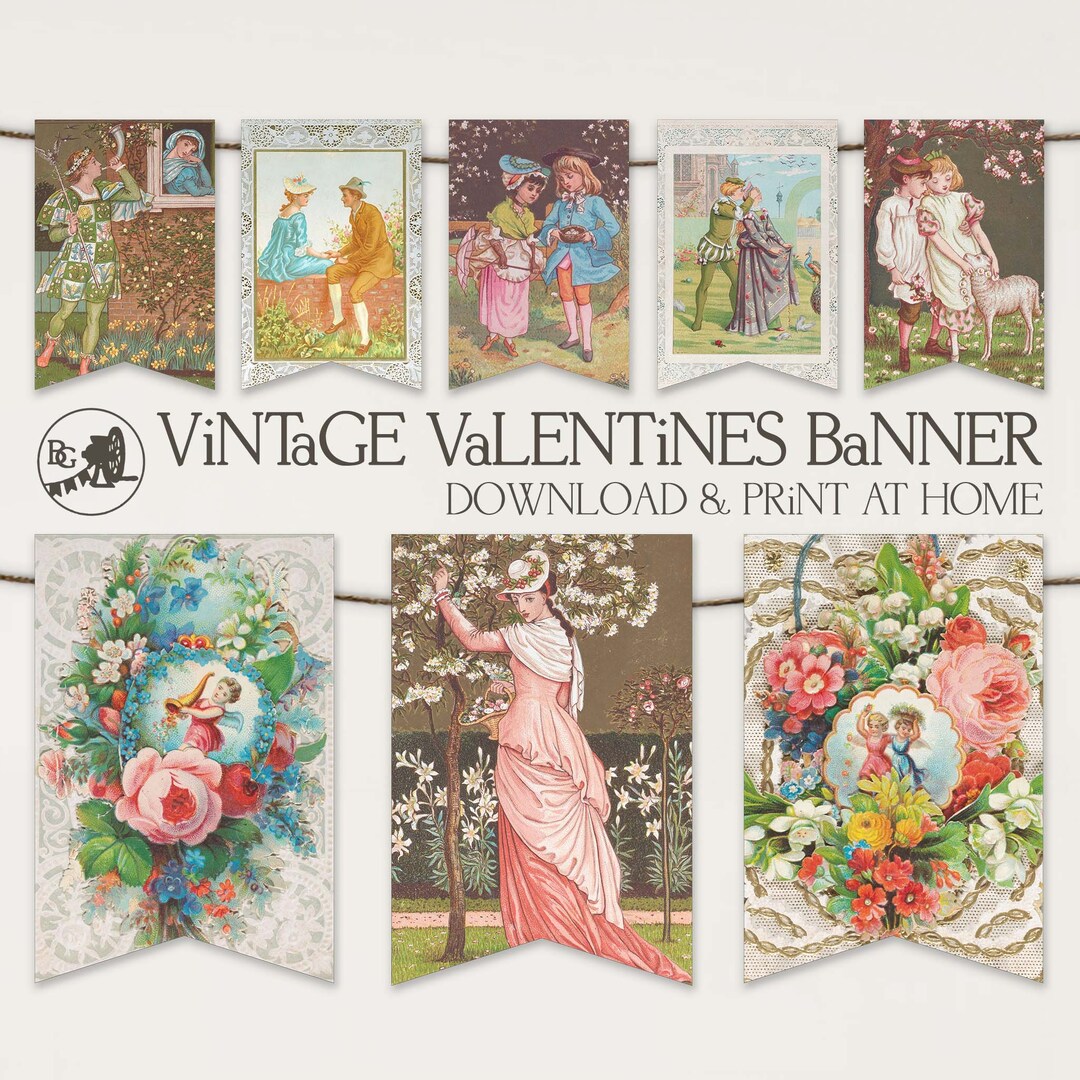 Valentine's Vintage Cards PRINTABLE Banner Bunting Flags | Antique ...