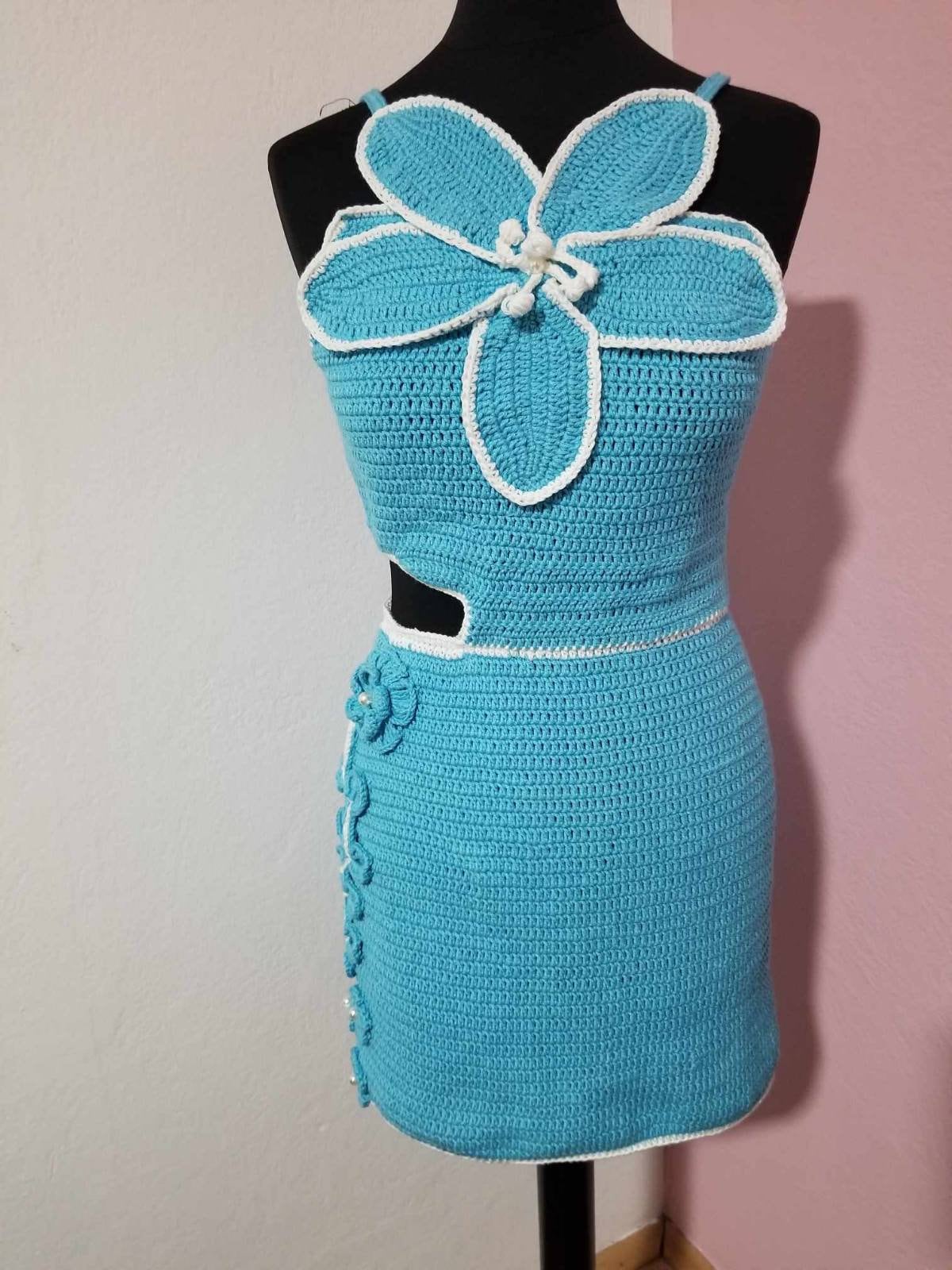 Aqua Bloom Crochet Cut-out Dress - Etsy