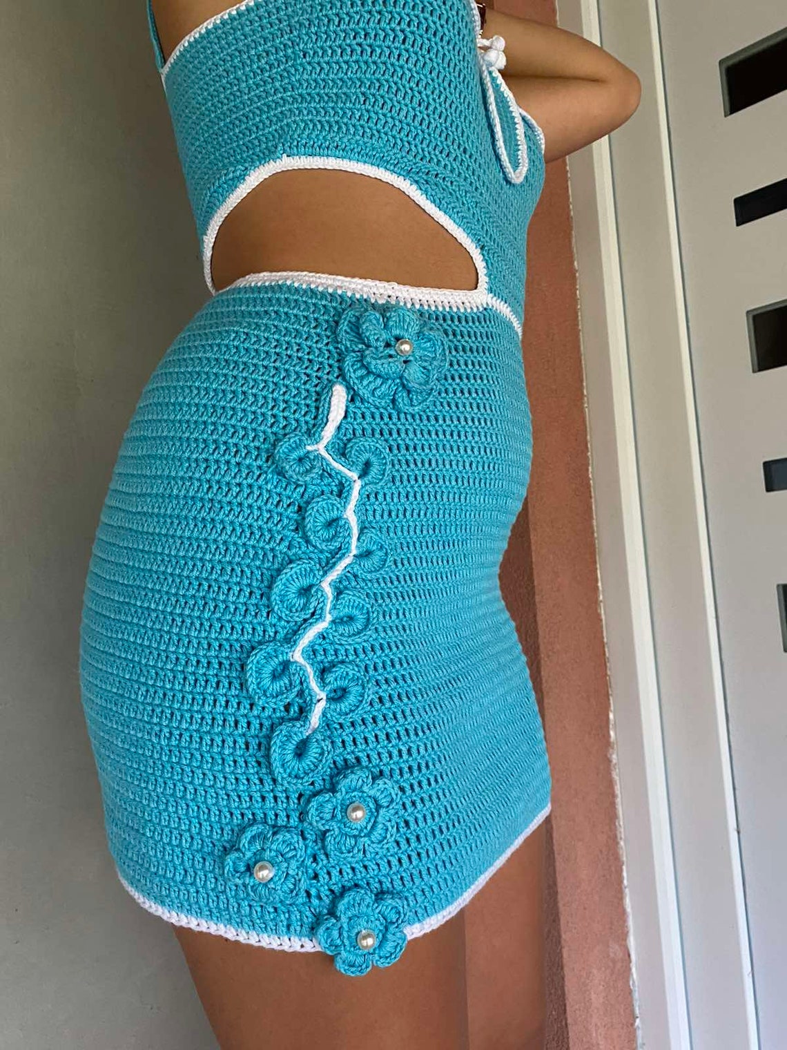 Aqua Bloom Crochet Cut-out Dress - Etsy
