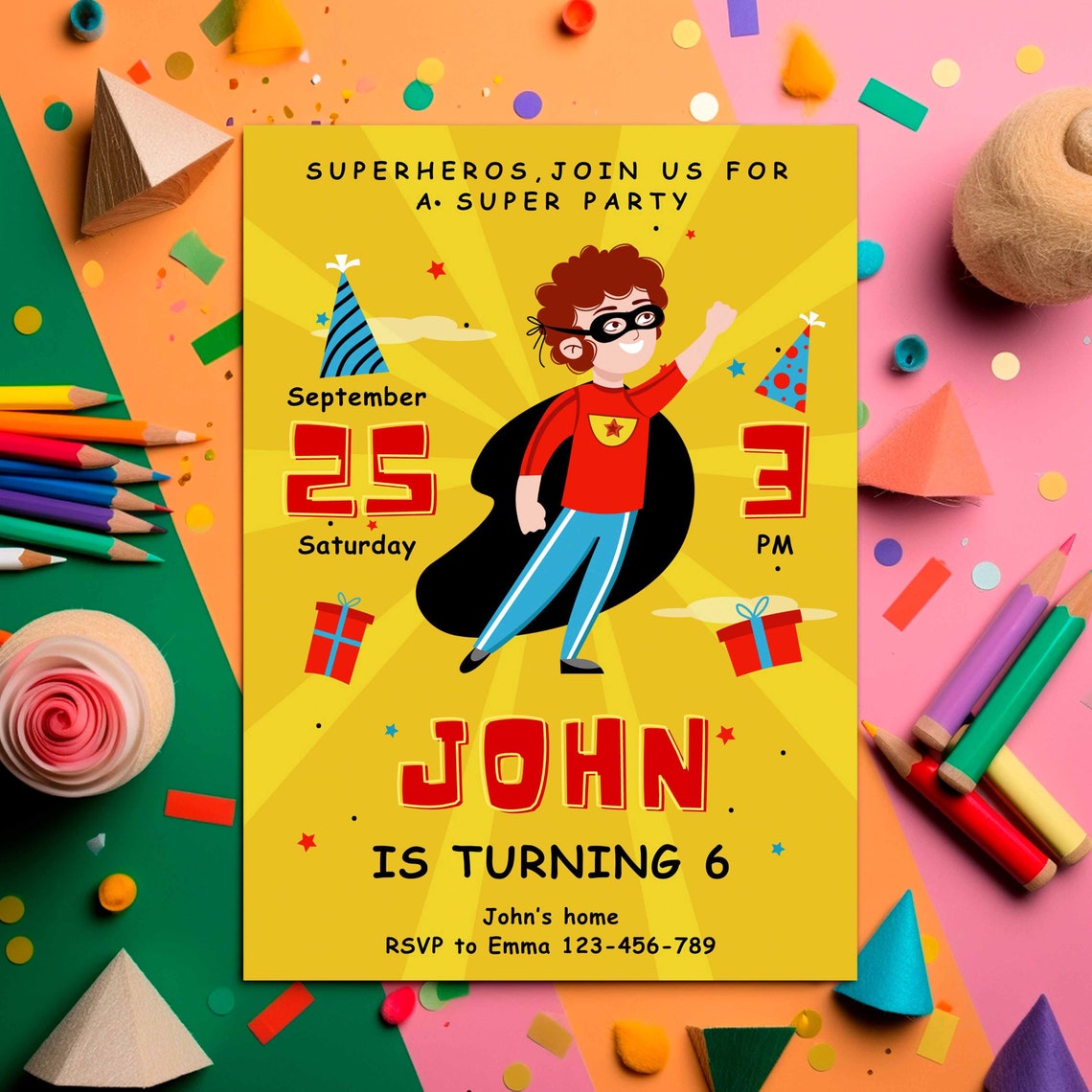 Colorful Kid Superhero Invitation for Birthday Party Custom Name ...