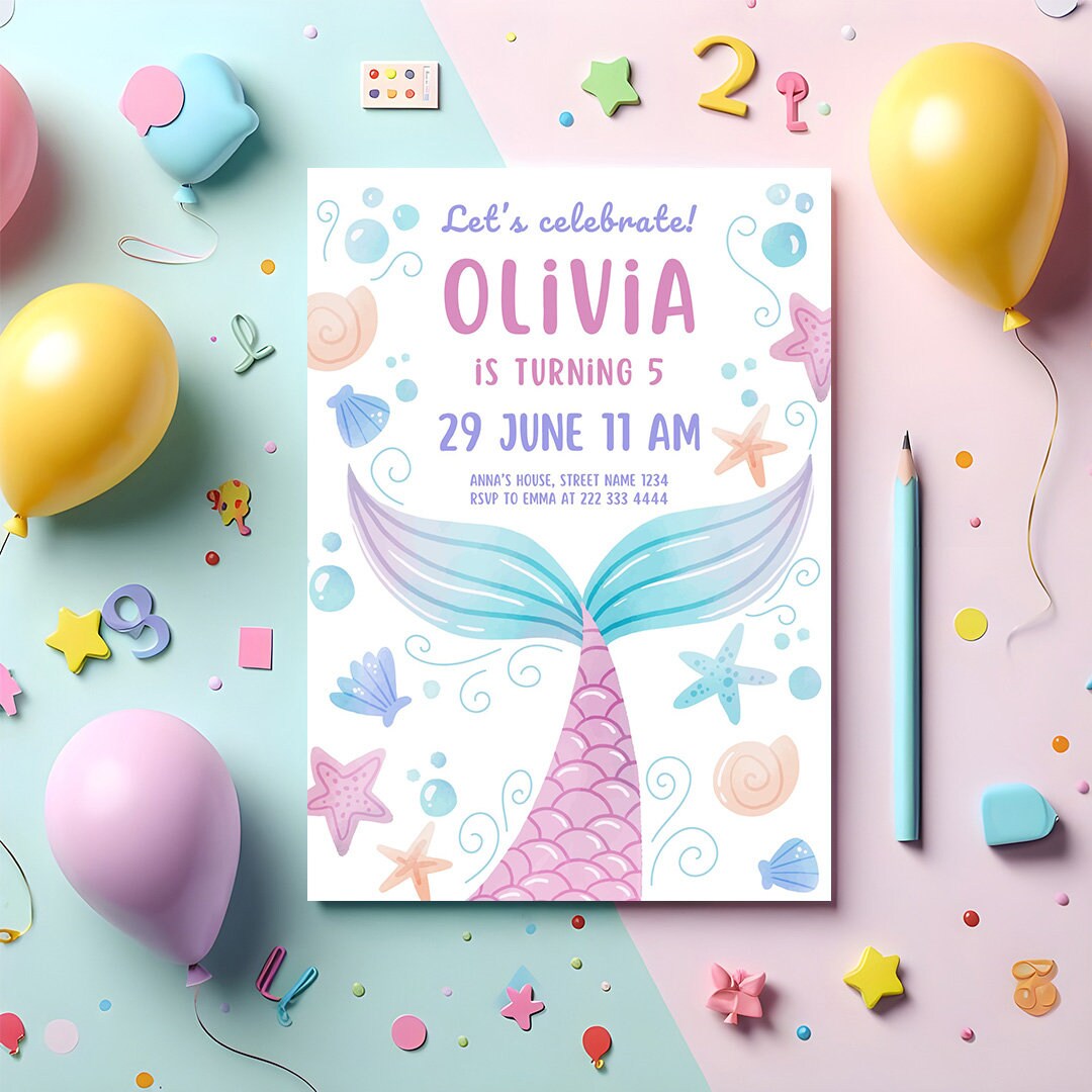 Sparkling Mermaid Birthday Party Invitation Underwater Theme Invite ...