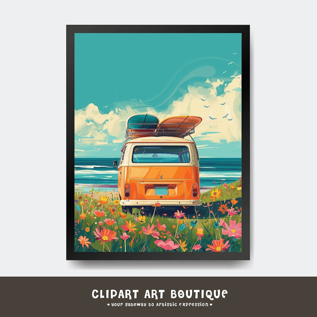 Surf's Up Retro Beach Bus Print Art for Boho Bus Decor and Vintage Van ...