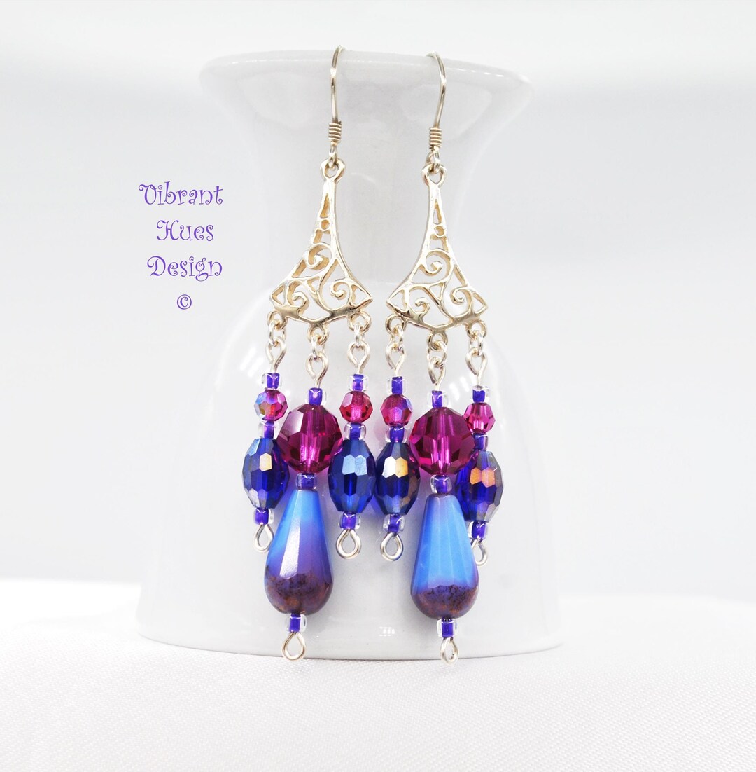 Periwinkle & Fuchsia Czech Glass Beaded Chandelier Earrings, Swarovski ...