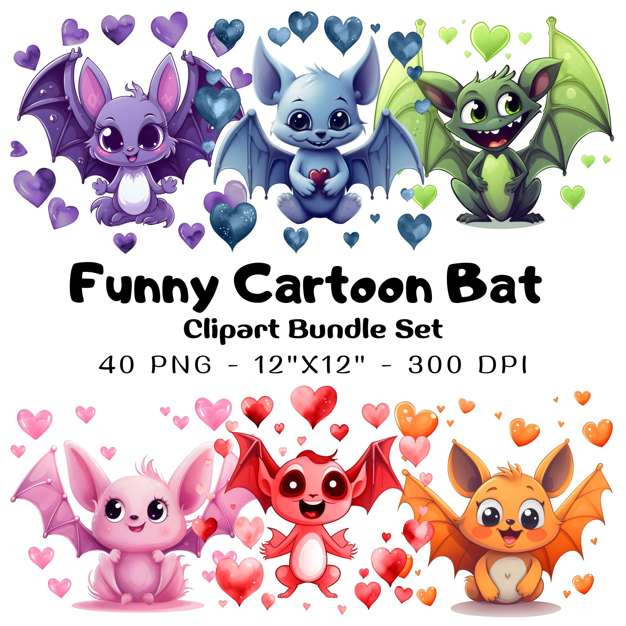 40 Funny Cartoon Bat Clipart Bundle Set PNG, Transparent, Valentine ...
