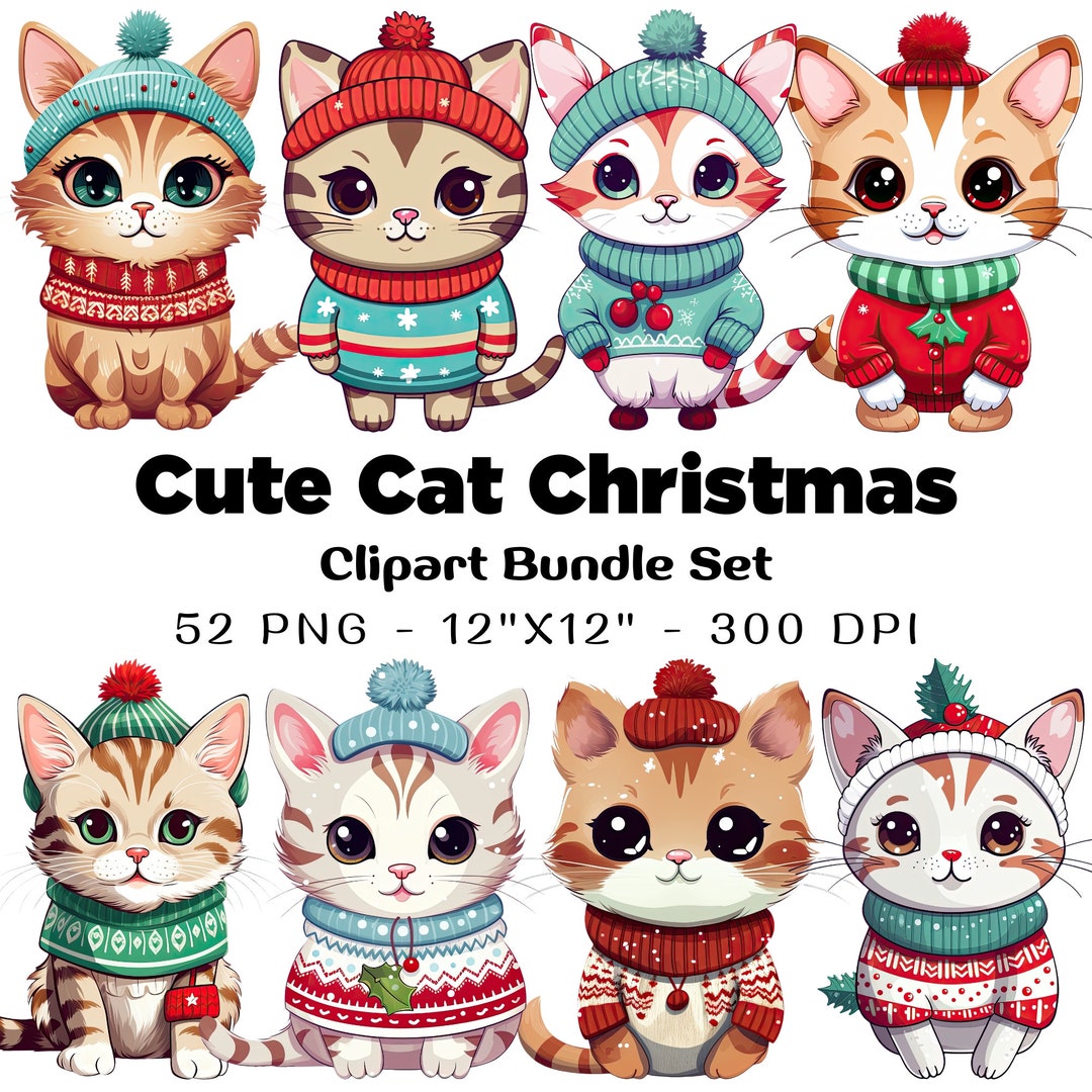 52 Cute Cat Christmas Bundle Set PNG, Christmas Clipart, Christmas Cat ...