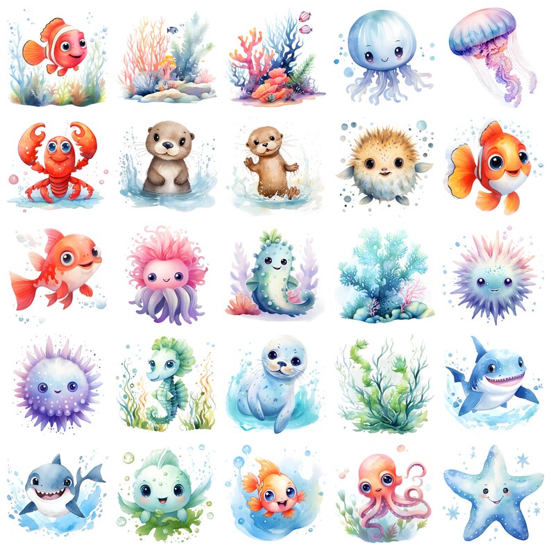 50 Aquatic Animals in Watercolor Clipart Bundle - Ocean Nursery, Cute ...