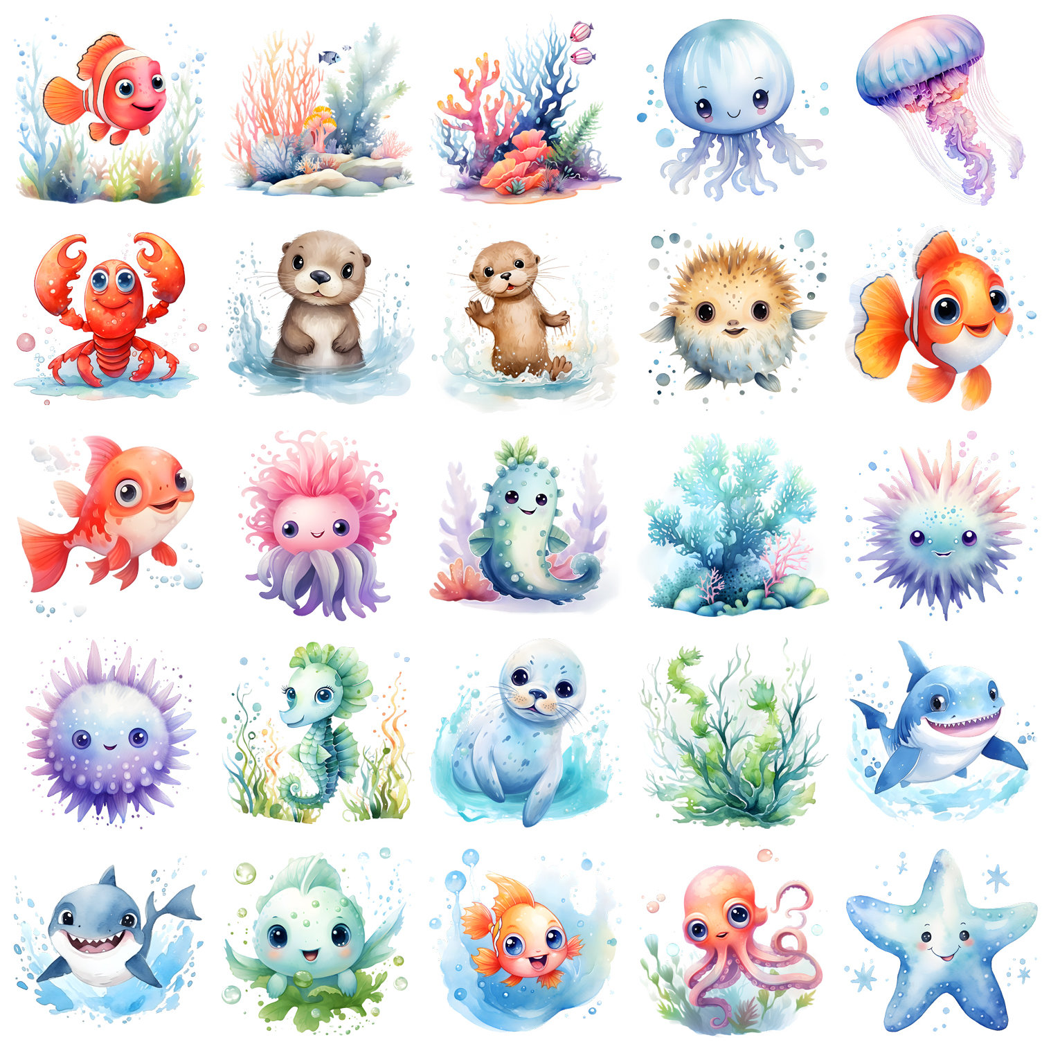50 Wassertiere im Aquarell Clipart Bundle Ozean Kinderzimmer, niedliche ...