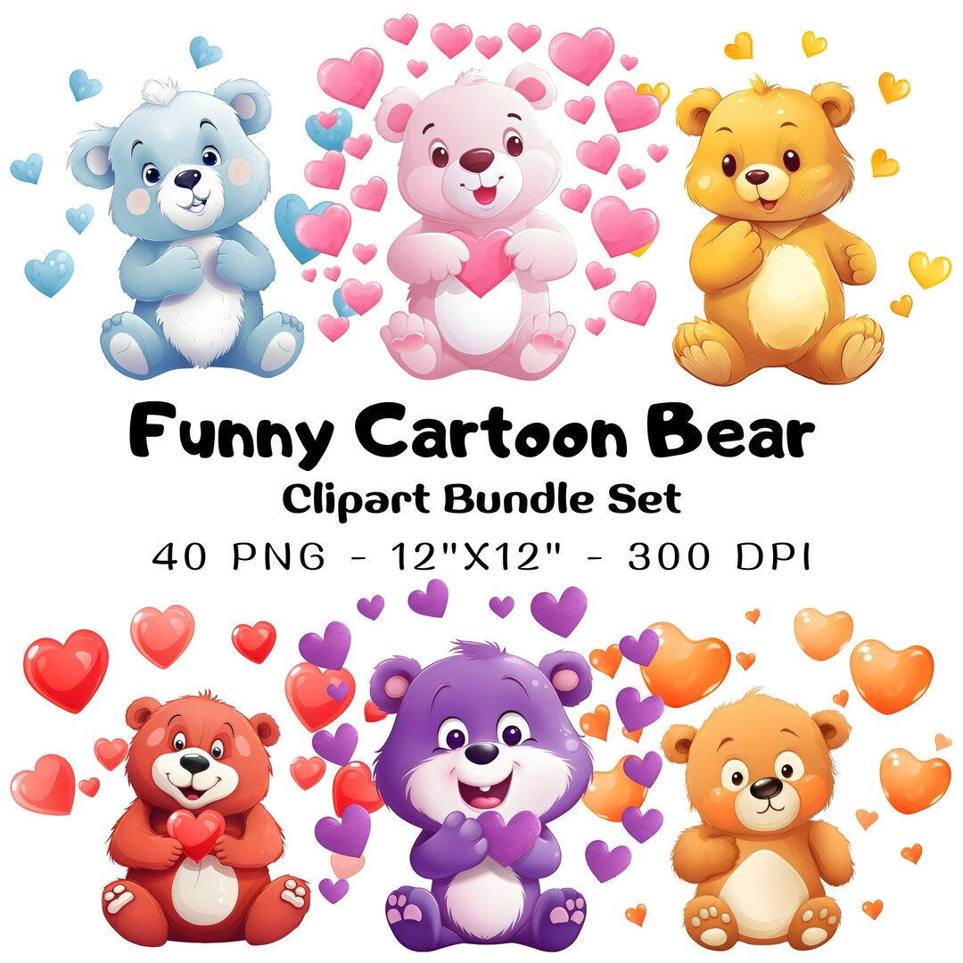 40 Funny Cartoon Bear Clipart Bundle Set, Transparent, Valentine ...