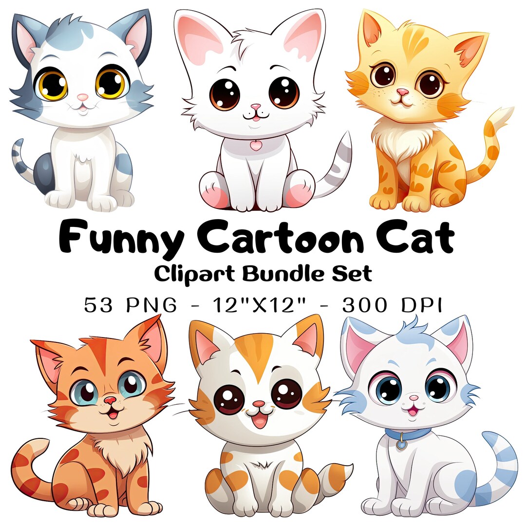 52 Funny Cartoon Cat Clipart Bundle Set PNG, Transparent, Digital ...