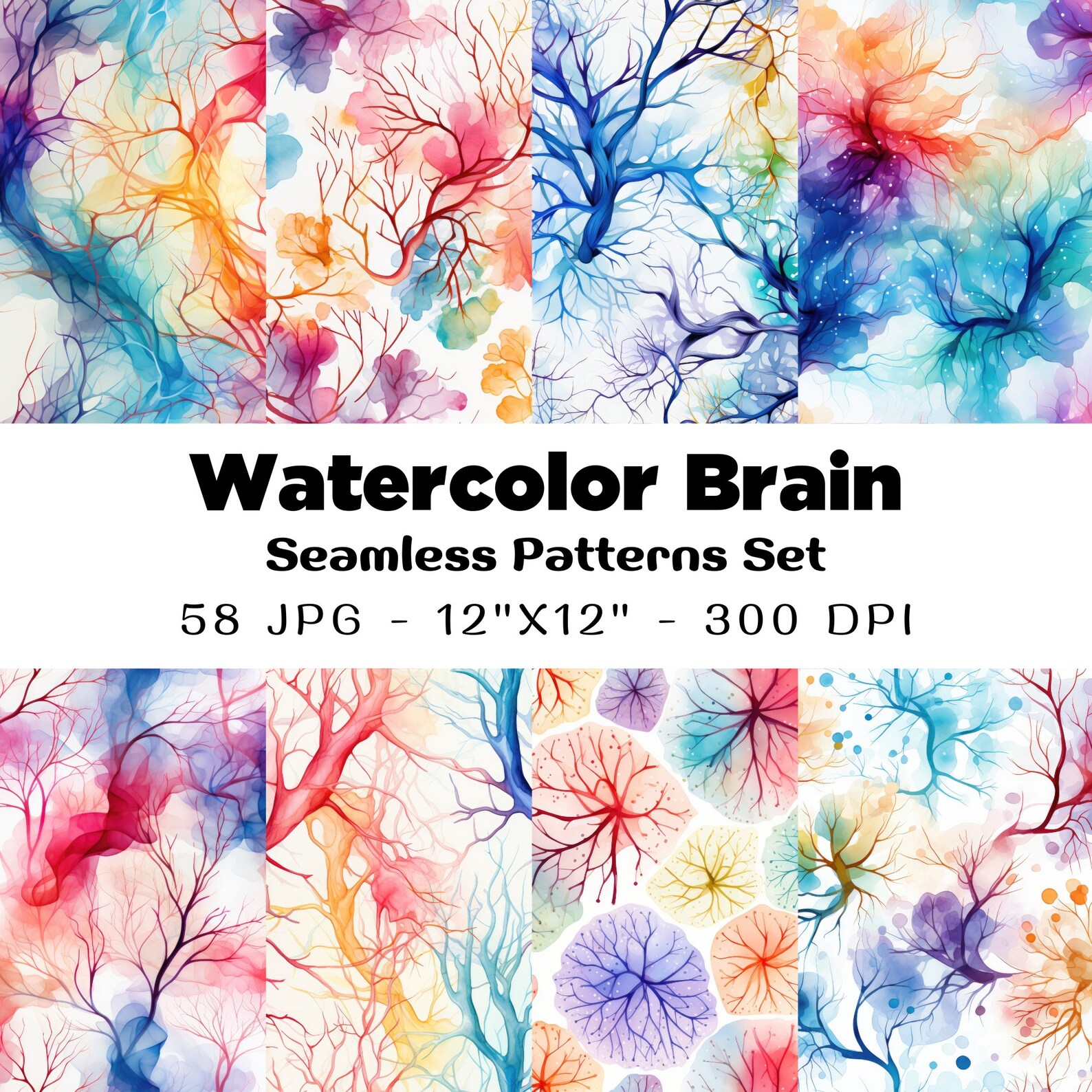 58 Watercolor Brain Seamless Pattern Bundle - Digital, Printable ...