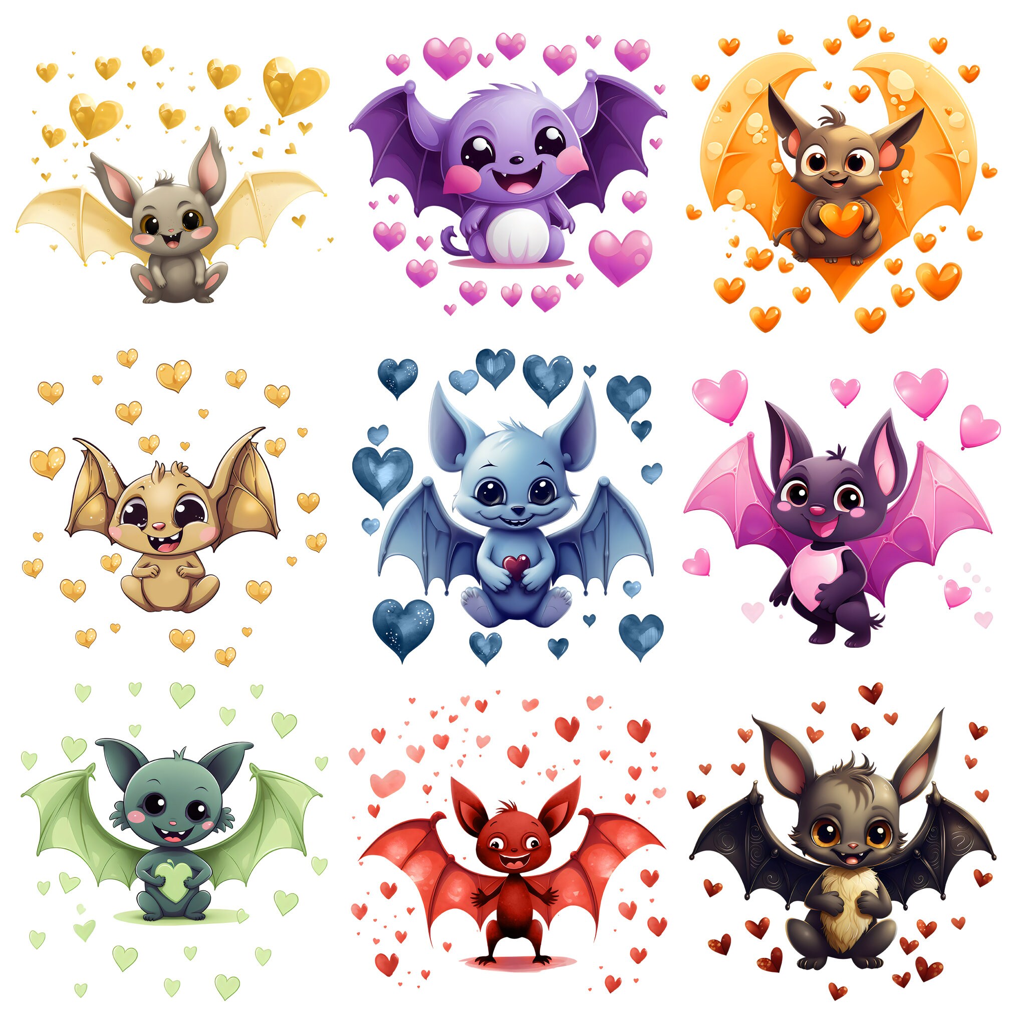 40 Funny Cartoon Bat Clipart Bundle Set PNG, Transparent, Valentine ...