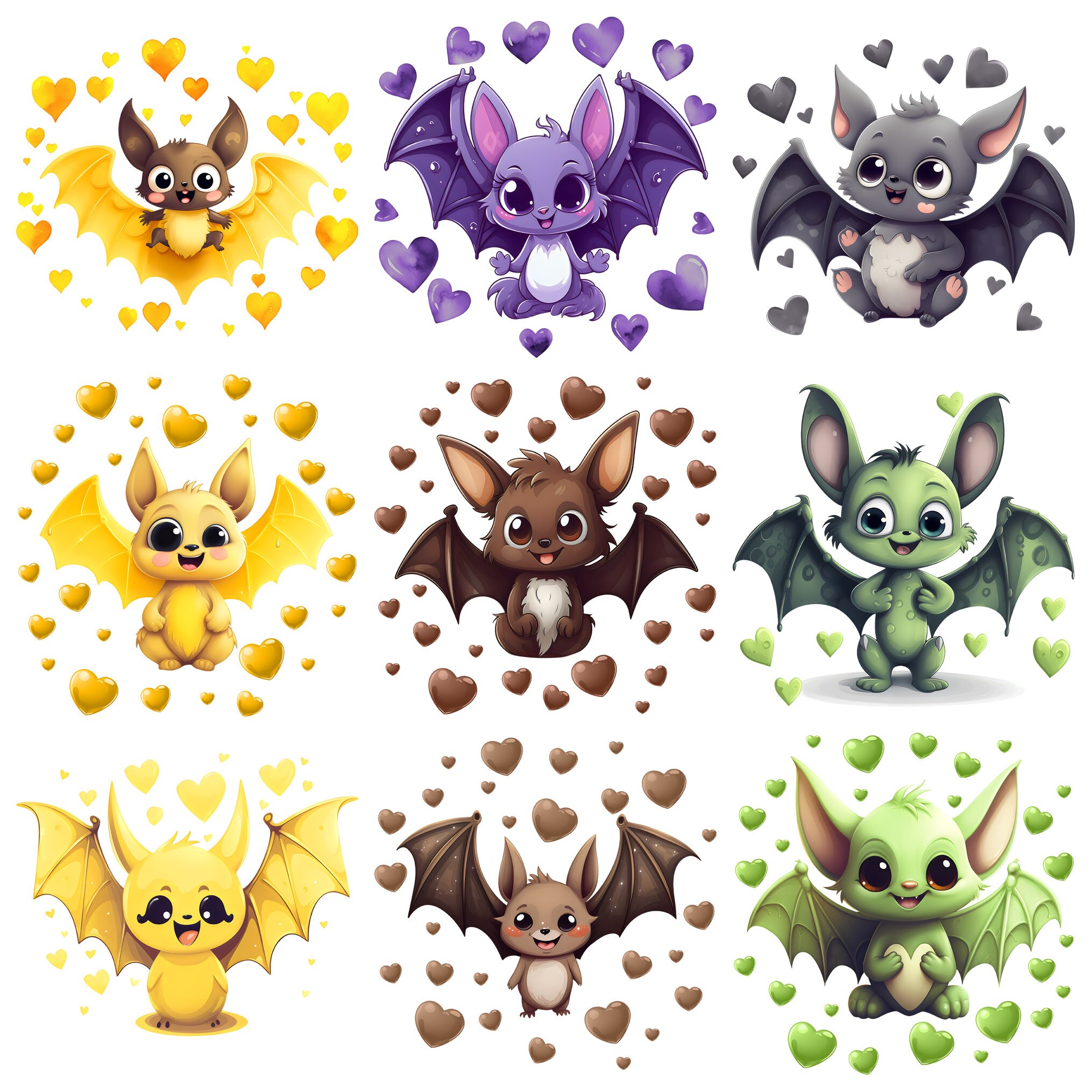 40 Funny Cartoon Bat Clipart Bundle Set PNG, Transparent, Valentine ...