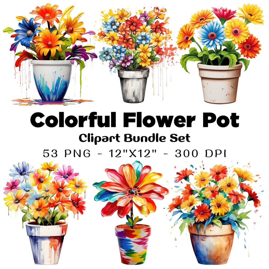 53 Colorful Flower Pot Clipart Bundle Set PNG, Transparent, Digital ...