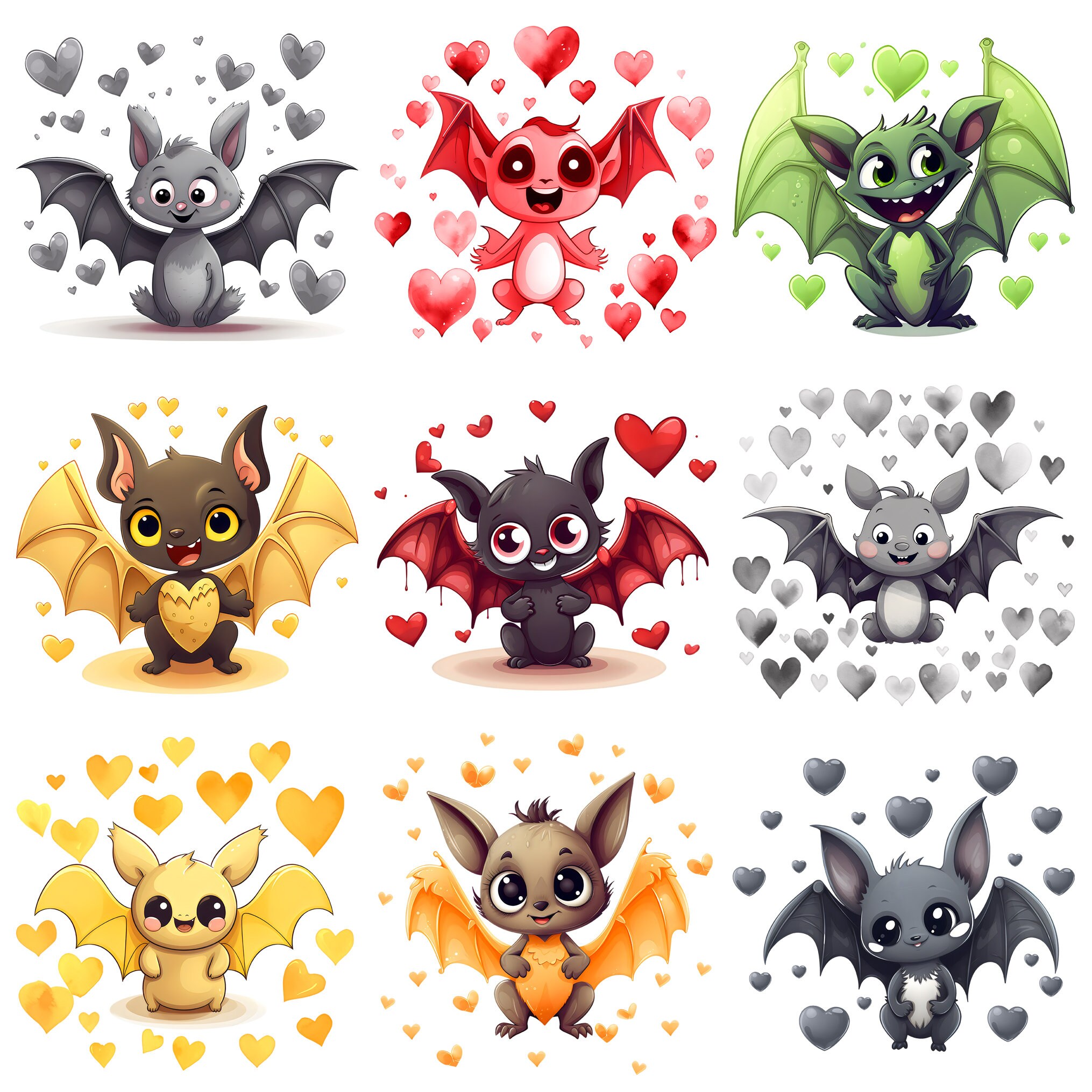 40 Funny Cartoon Bat Clipart Bundle Set PNG, Transparent, Valentine ...
