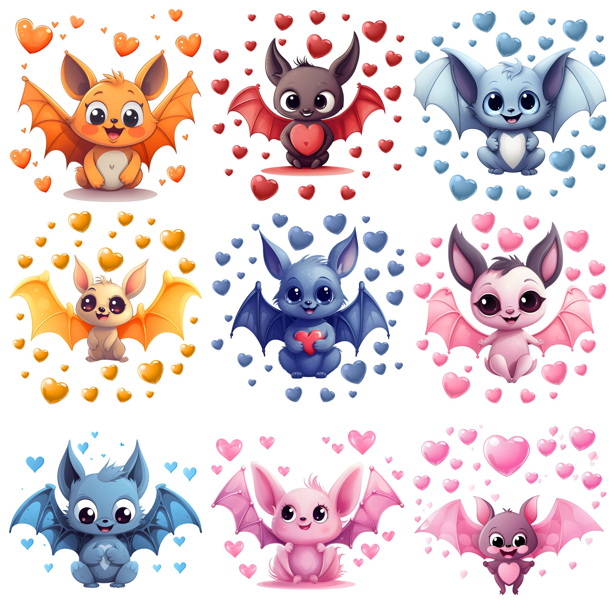 40 Funny Cartoon Bat Clipart Bundle Set PNG, Transparent, Valentine ...