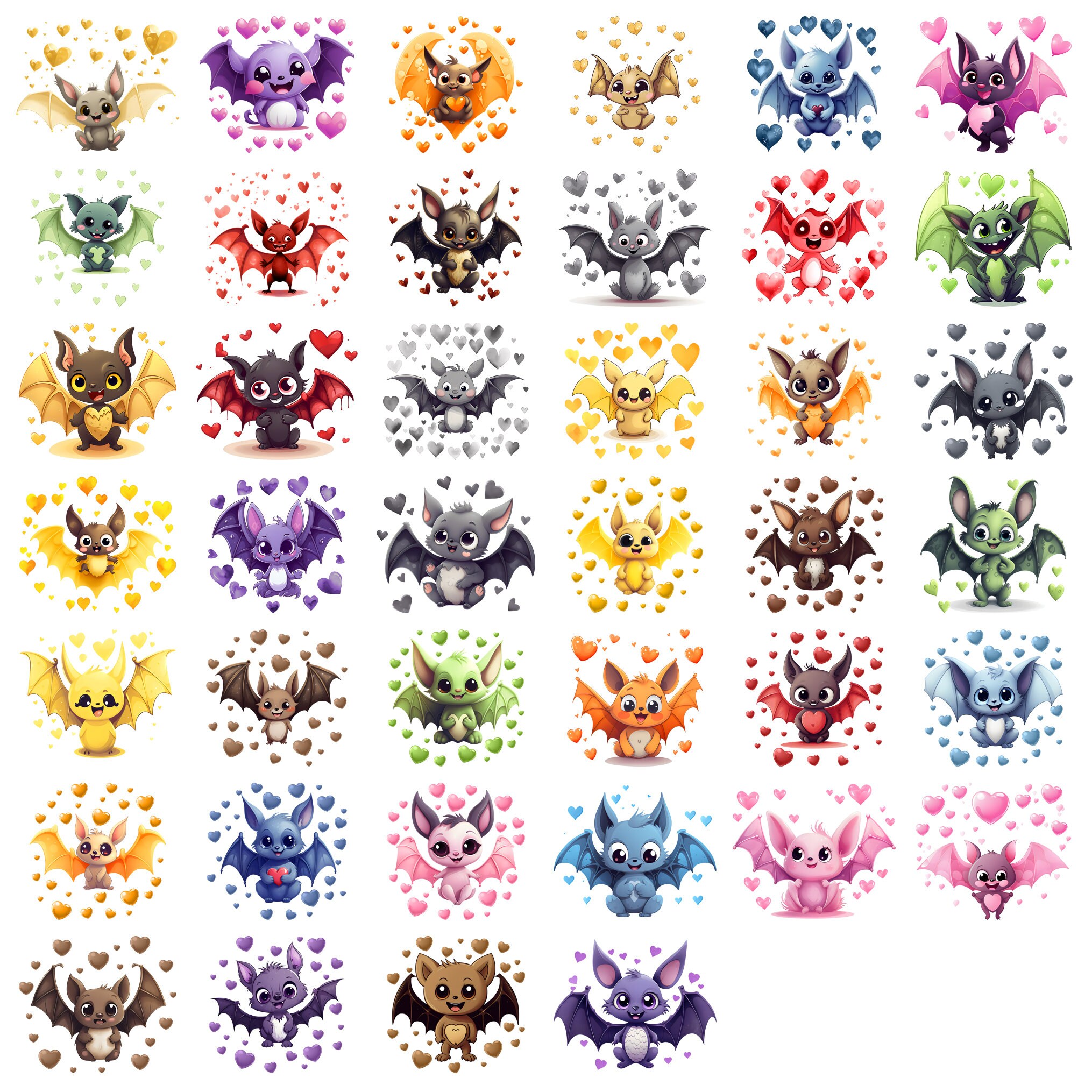 40 Funny Cartoon Bat Clipart Bundle Set PNG, Transparent, Valentine ...