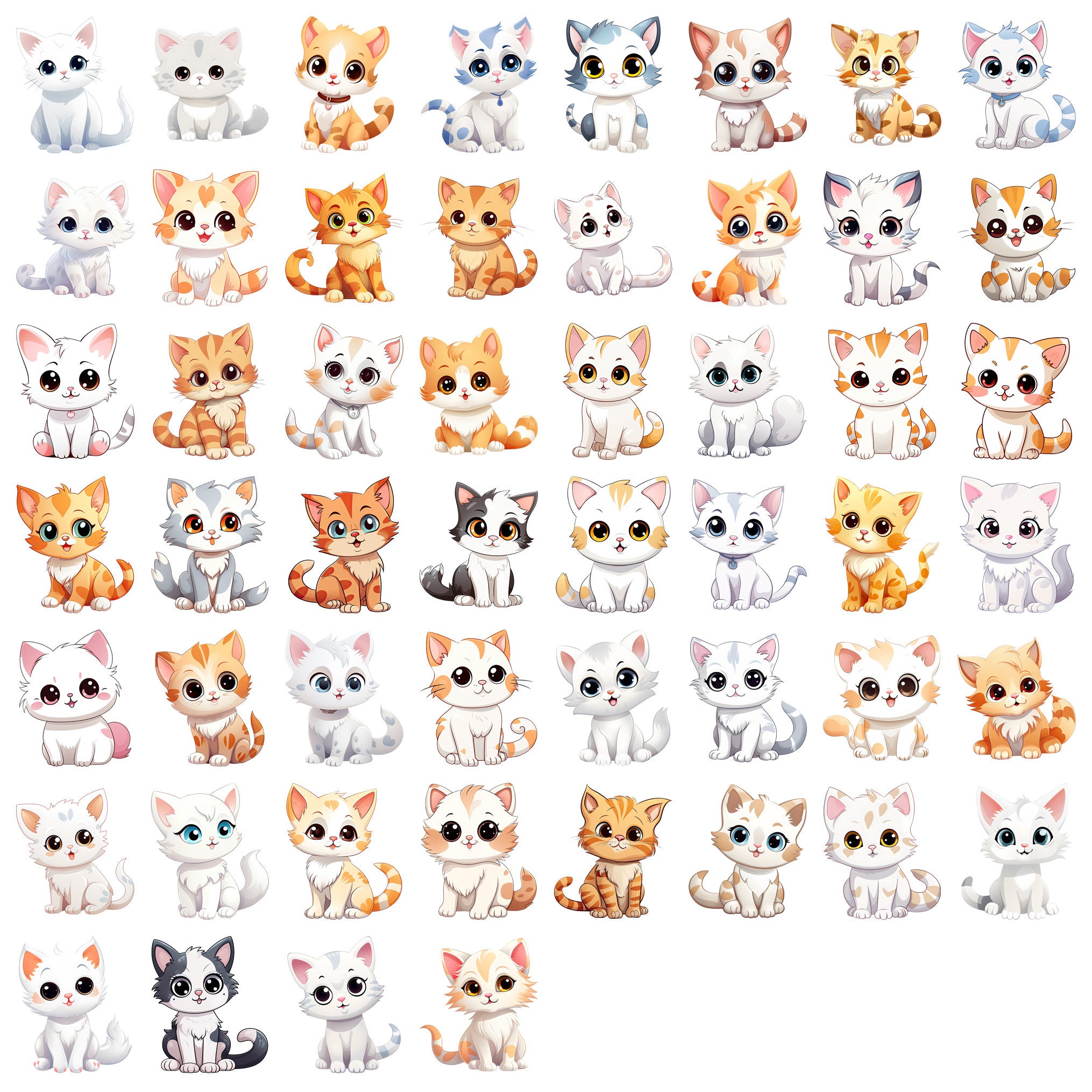 52 Funny Cartoon Cat Clipart Bundle Set PNG, Transparent, Digital ...
