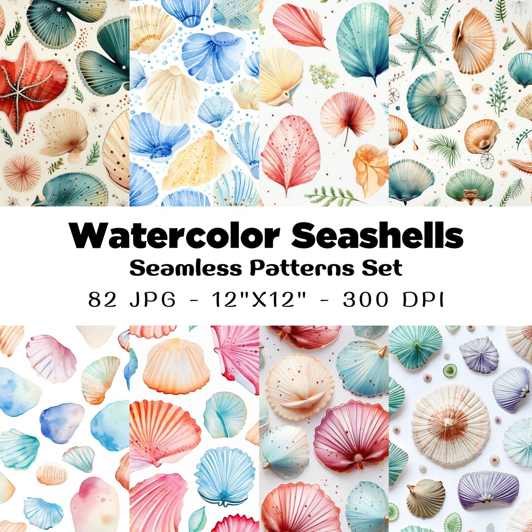 82 Watercolor Seashells Seamless Pattern Bundle Digital, Printable ...