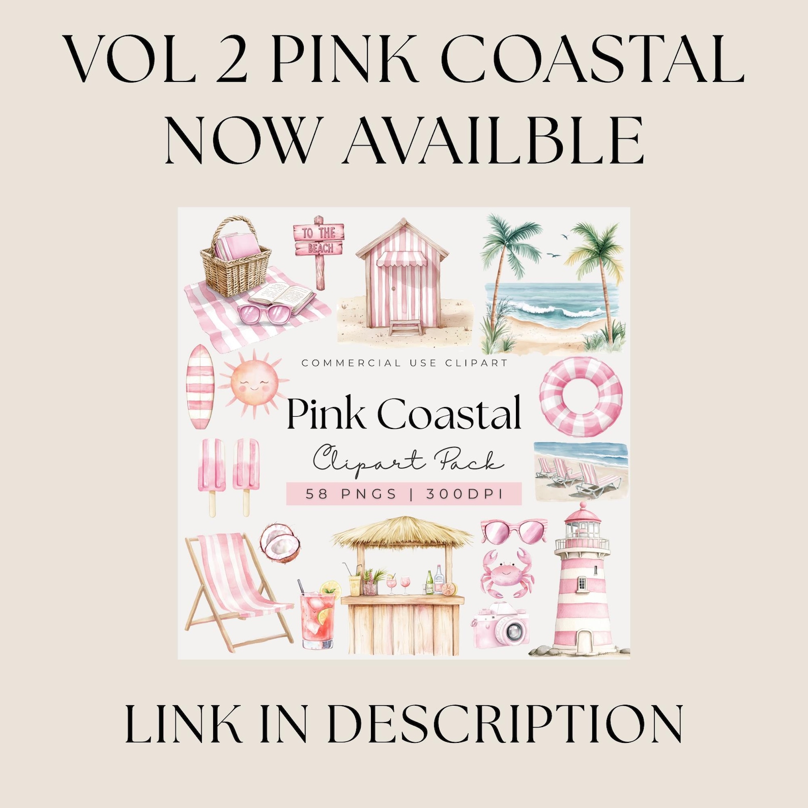 Watercolor Beach Day Clipart, Summer Clipart, Tropical Clipart, Beach ...