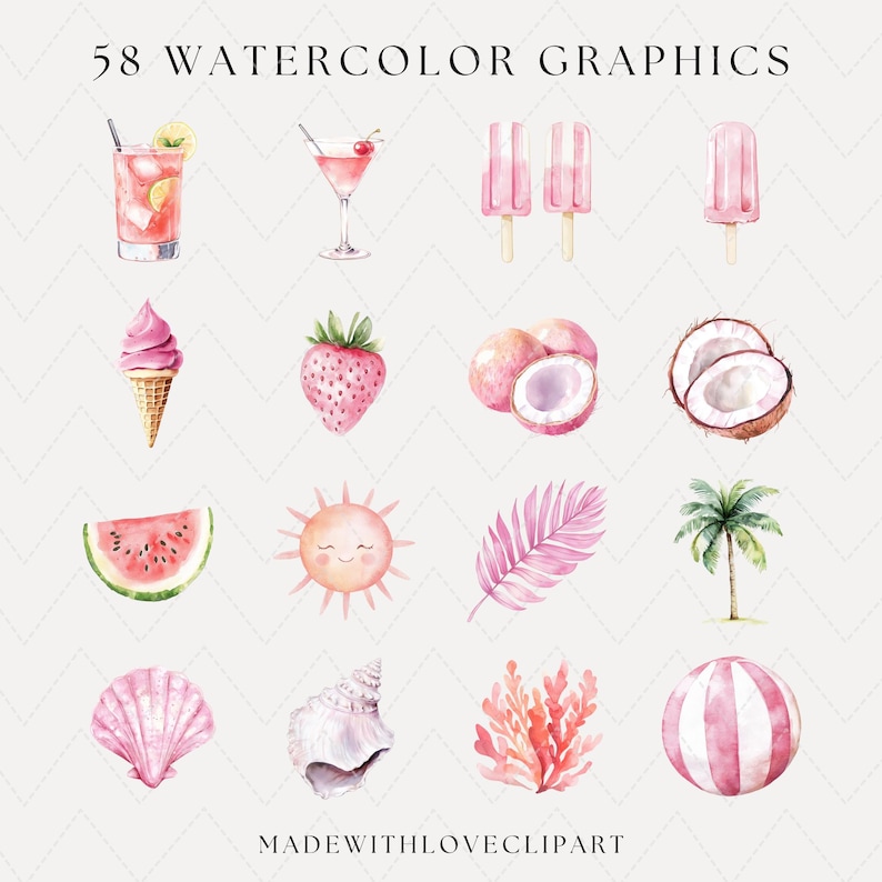 Watercolor Pink Beach Day Clipart, Pink Summer Clipart, Tropical ...
