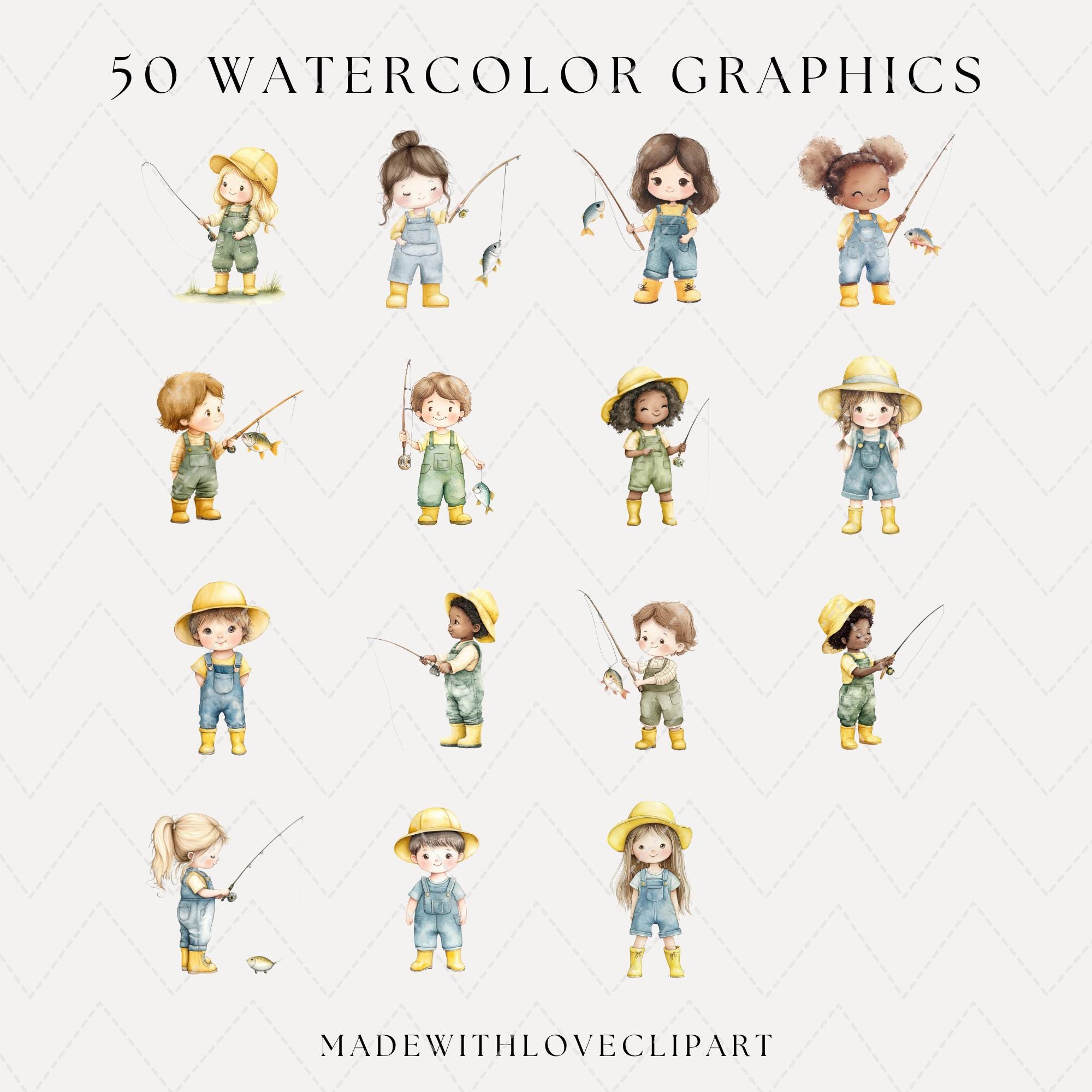 Watercolor Fishing Clipart, Little Fisherman Clipart, Fishing Tackle ...