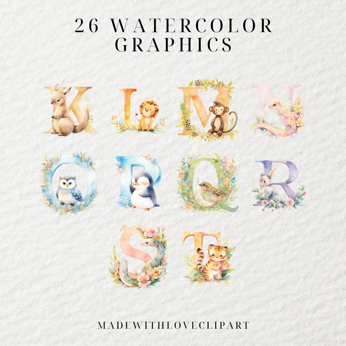 Watercolor Alphabet Animal Clipart Bundle, Alphabet Clipart, Cute ...