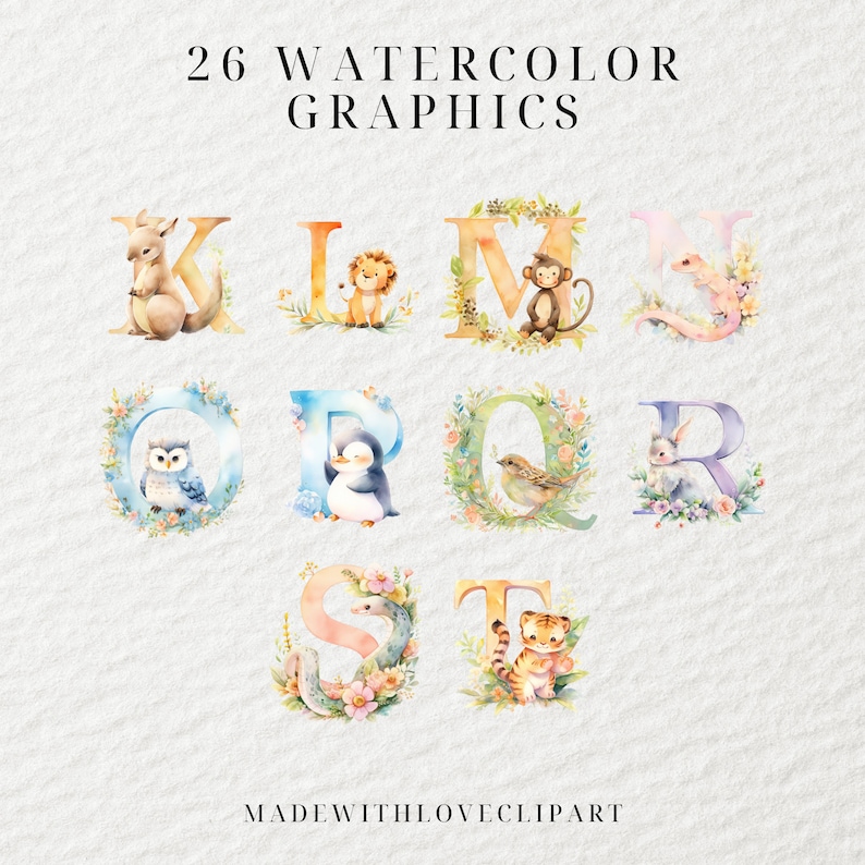 Watercolor Alphabet Animal Clipart Bundle, Alphabet Clipart, Cute ...