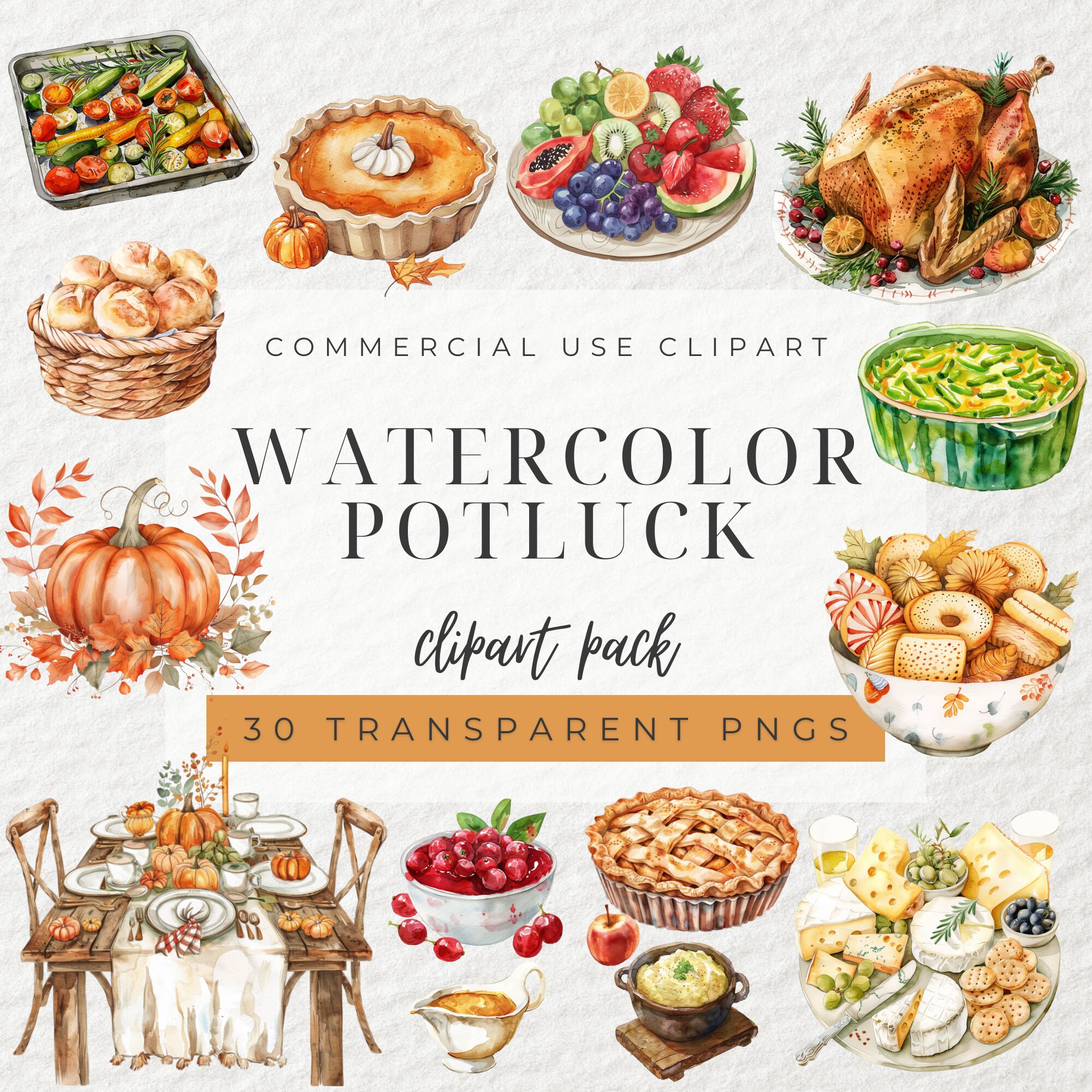 Watercolor Potluck Clipart, Thanksgiving Clipart, Pumpkin Clipart, Fall ...