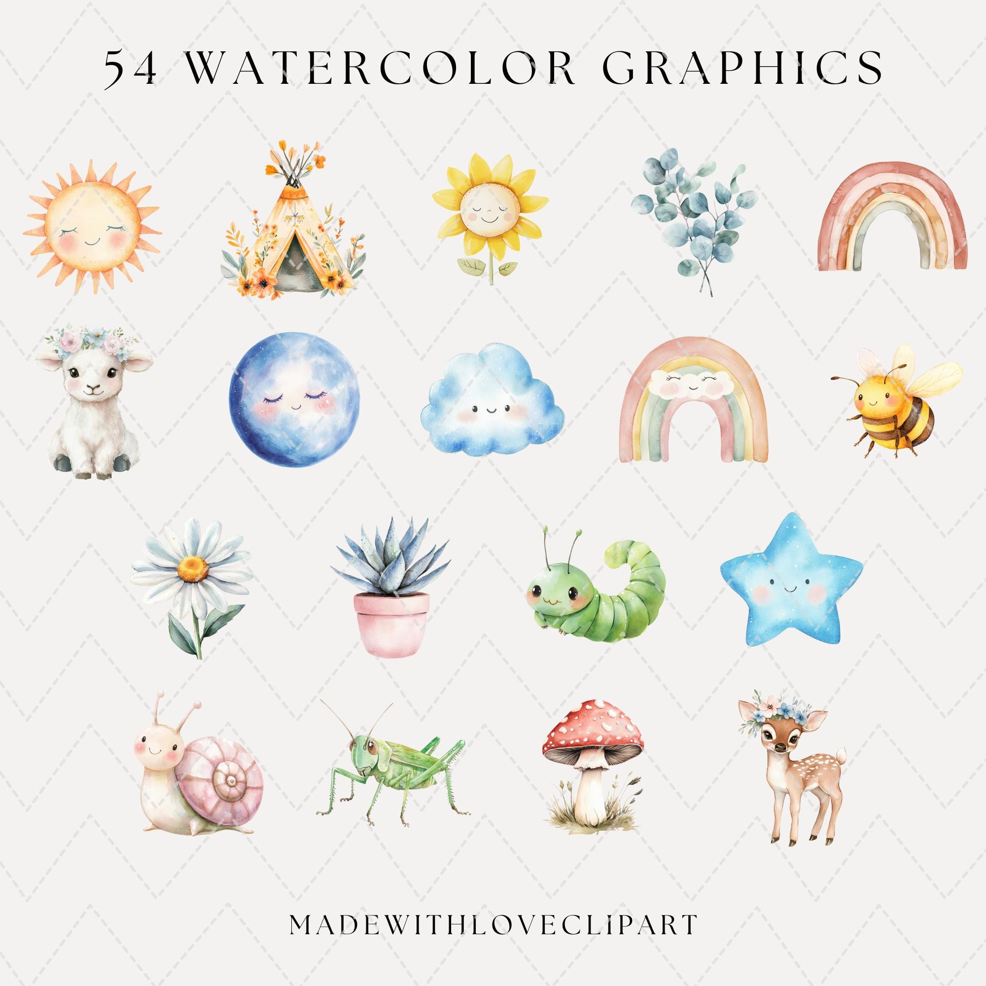 Watercolor Spring Doodle Clipart, Insect Clipart, Baby Animal Clipart ...